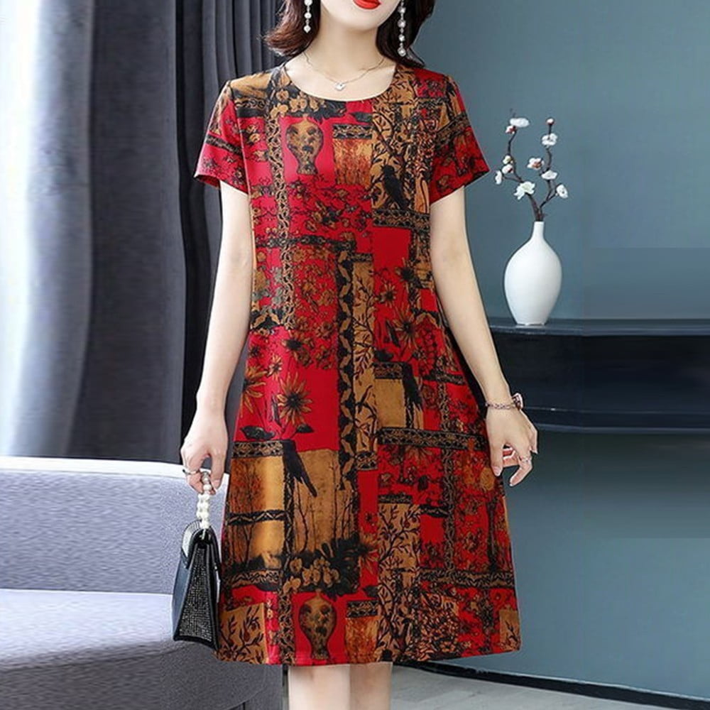 sentaili Retro Print Plus Size Dress Loose Fit Mother'S Wear With Short ...