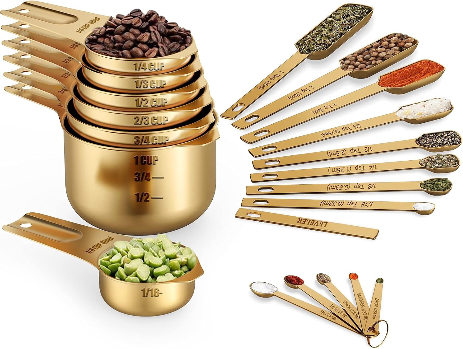 A set of 21 measuring cups and spoons - including 7 stainless steel ...