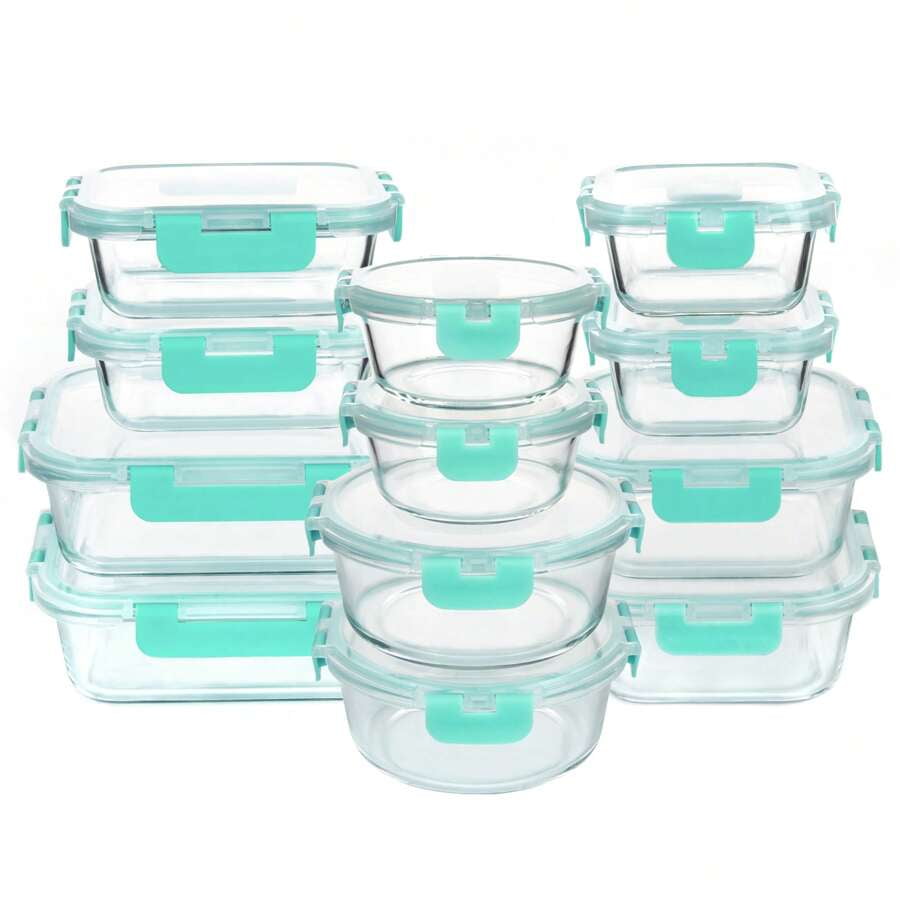 A set of 24 glass food storage containers, with lids, sealed glass ...