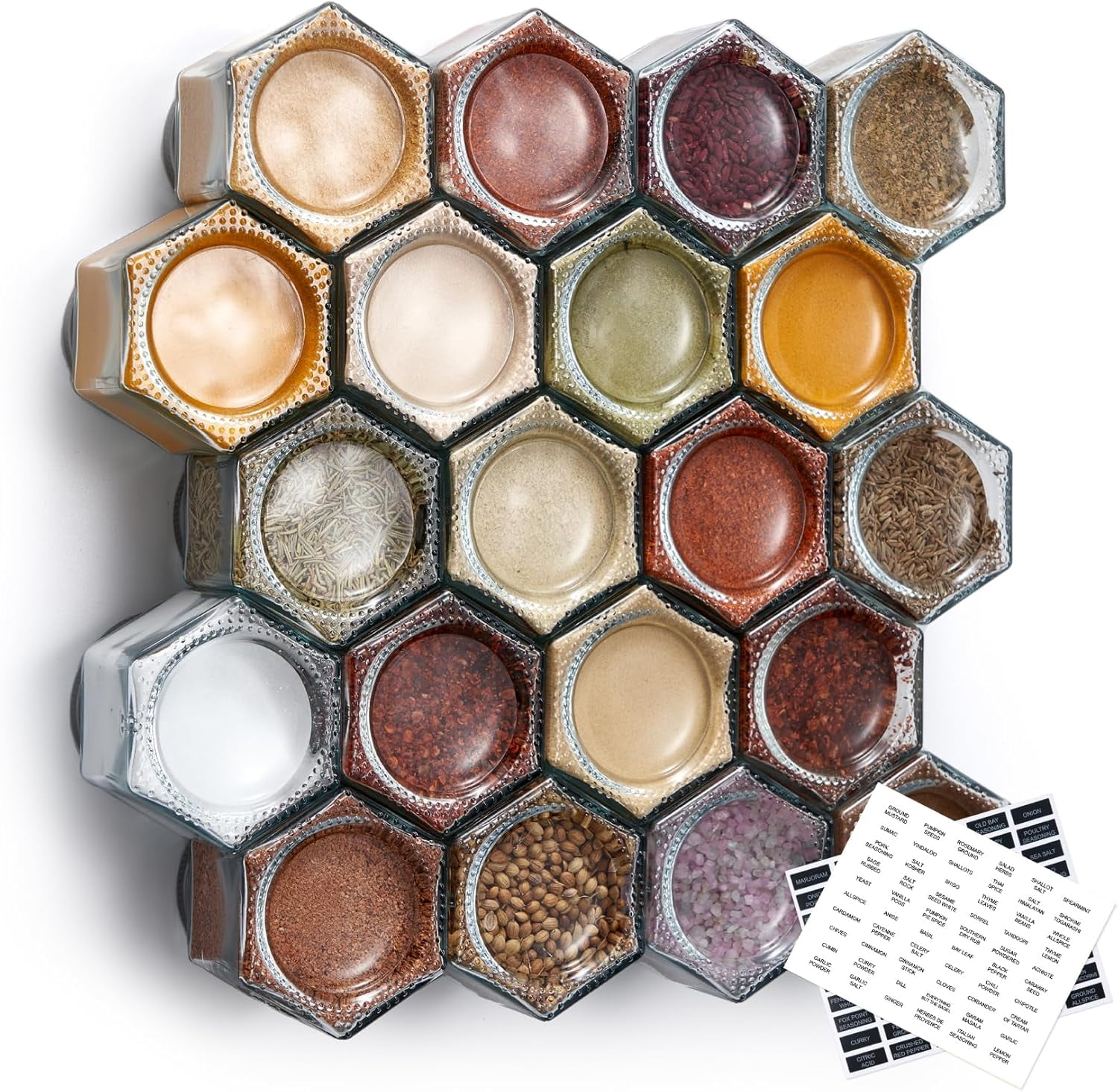 A set of 24 refrigerator magnetic spice jars, hexagonal glass magnetic ...