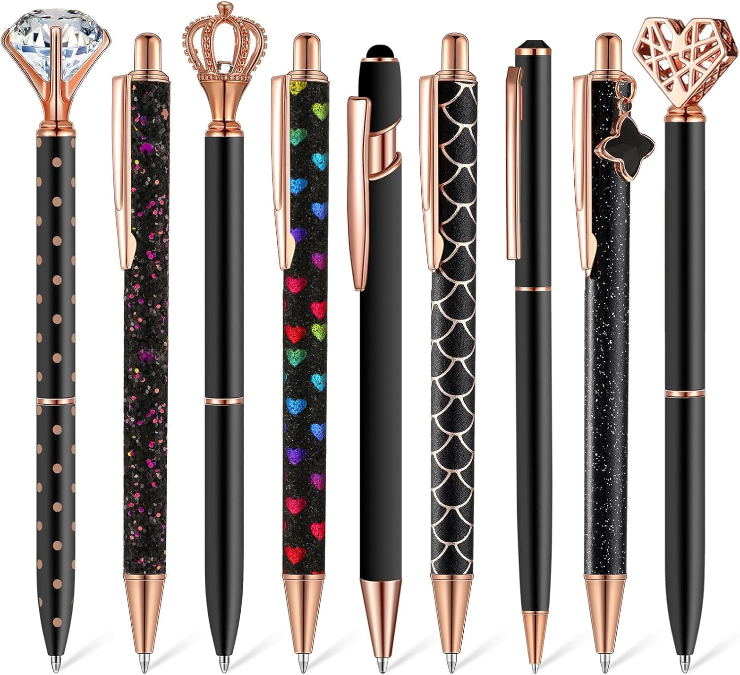 A set of 9 ballpoint pens, metal, crystal, diamond, glitter notes and ...