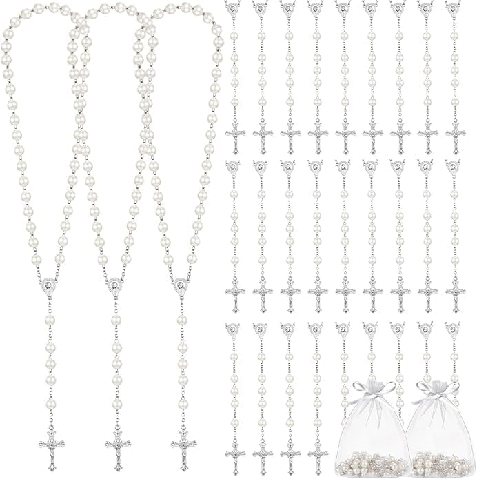 set of 12 x Wholesale Bulk Rosary with bagsLong Faux Pearl glass Rosary ...