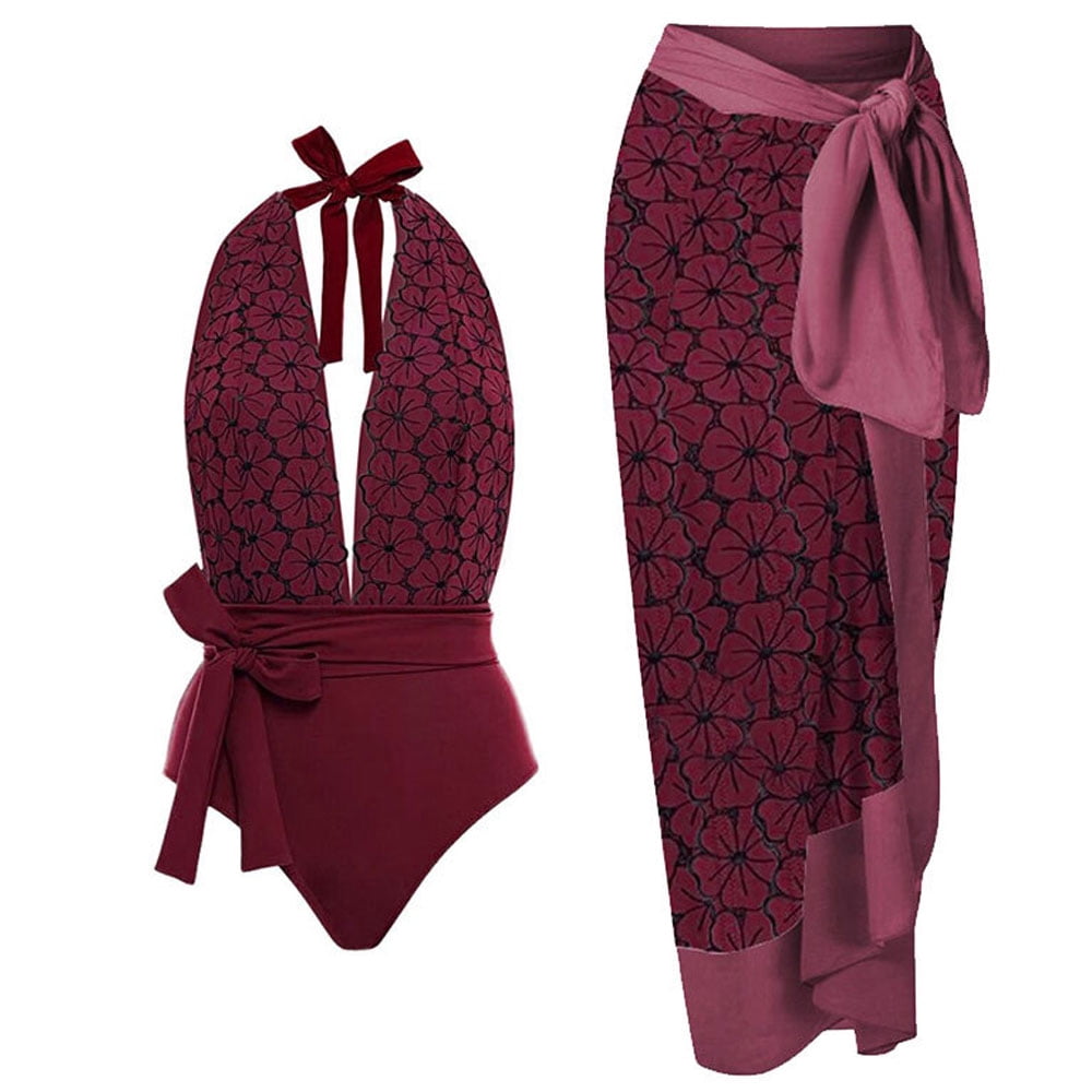 set of wine red one-piece swimming strapper women's tight vintage print ...