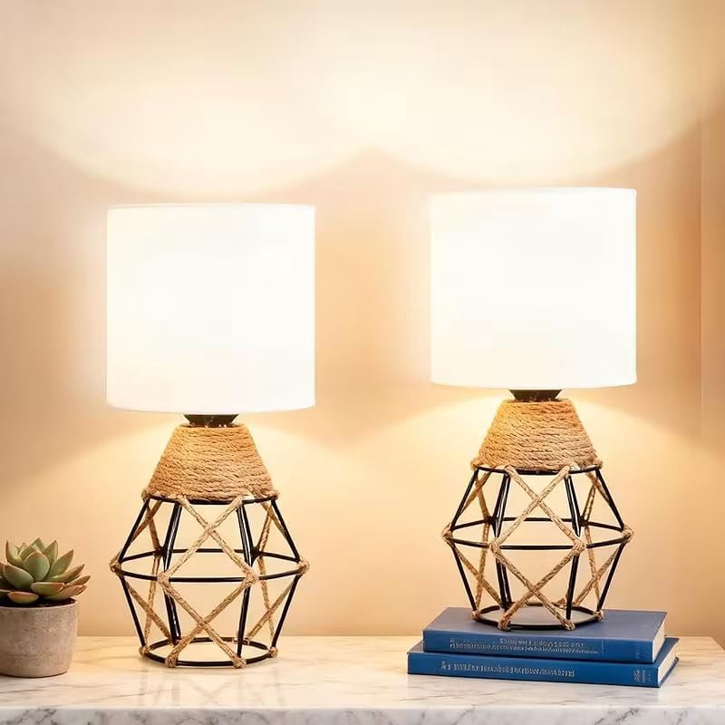 A set of woven rural-style table lamps with a switch, equipped with an ...