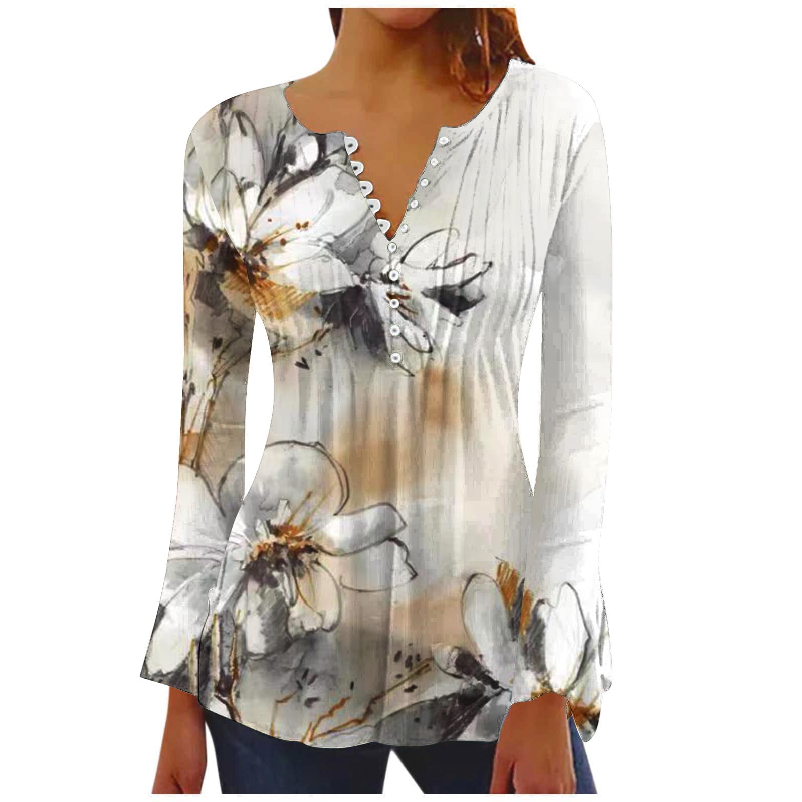 sexy tops for women Casual Trumpet Long Sleeve Printed Buttoned Basic ...