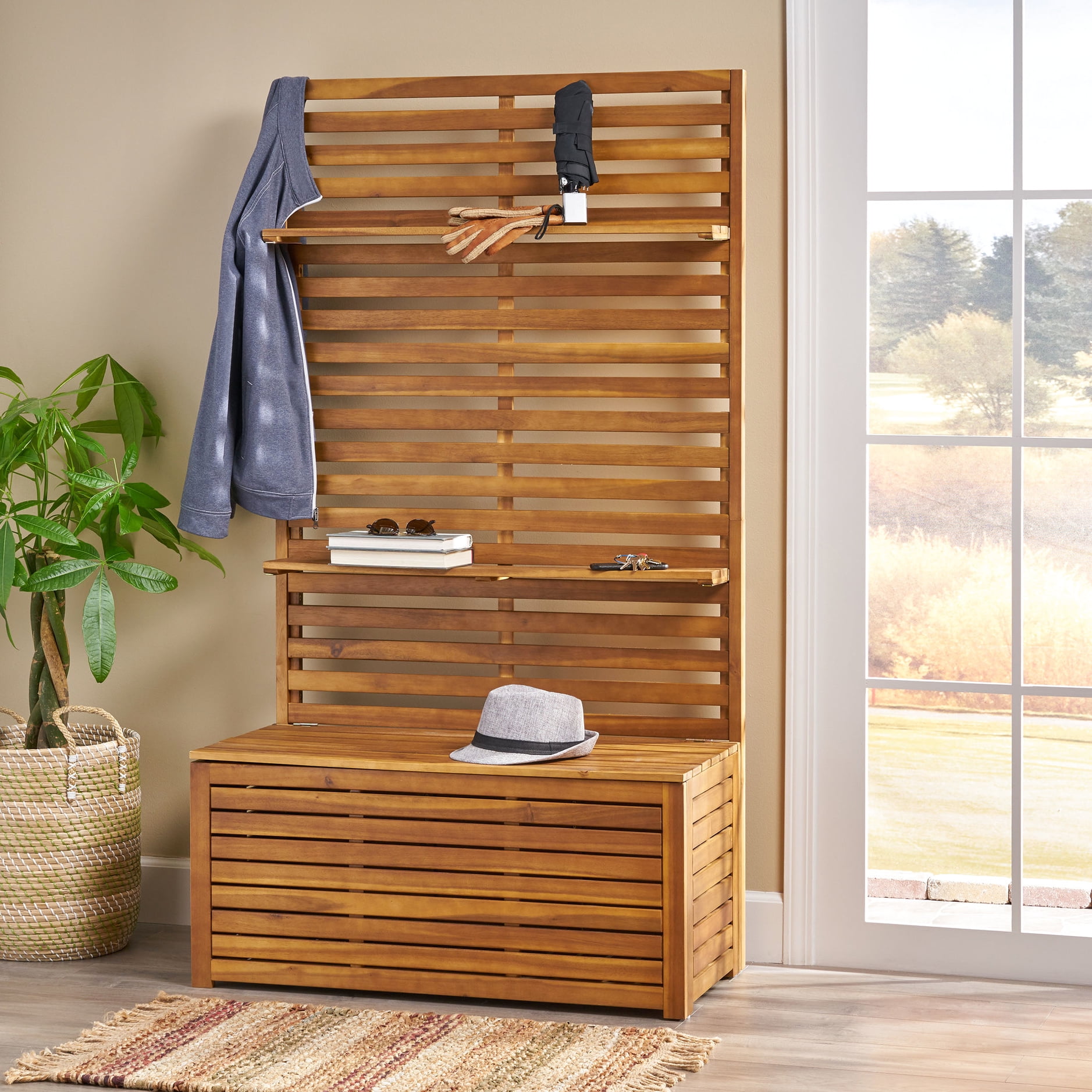 -shaded Wood Storage Bench With Rack - Entryway Organization 38.57" W X ...