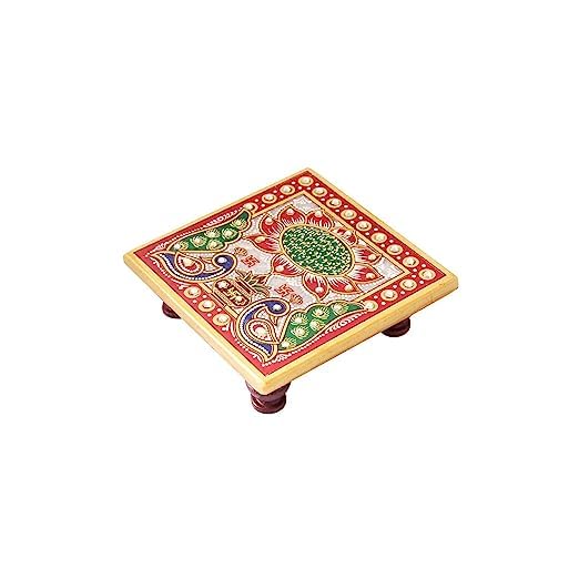shivakari Handpainted Kundan Stone Work Lotus Marble Puja Chowki for ...