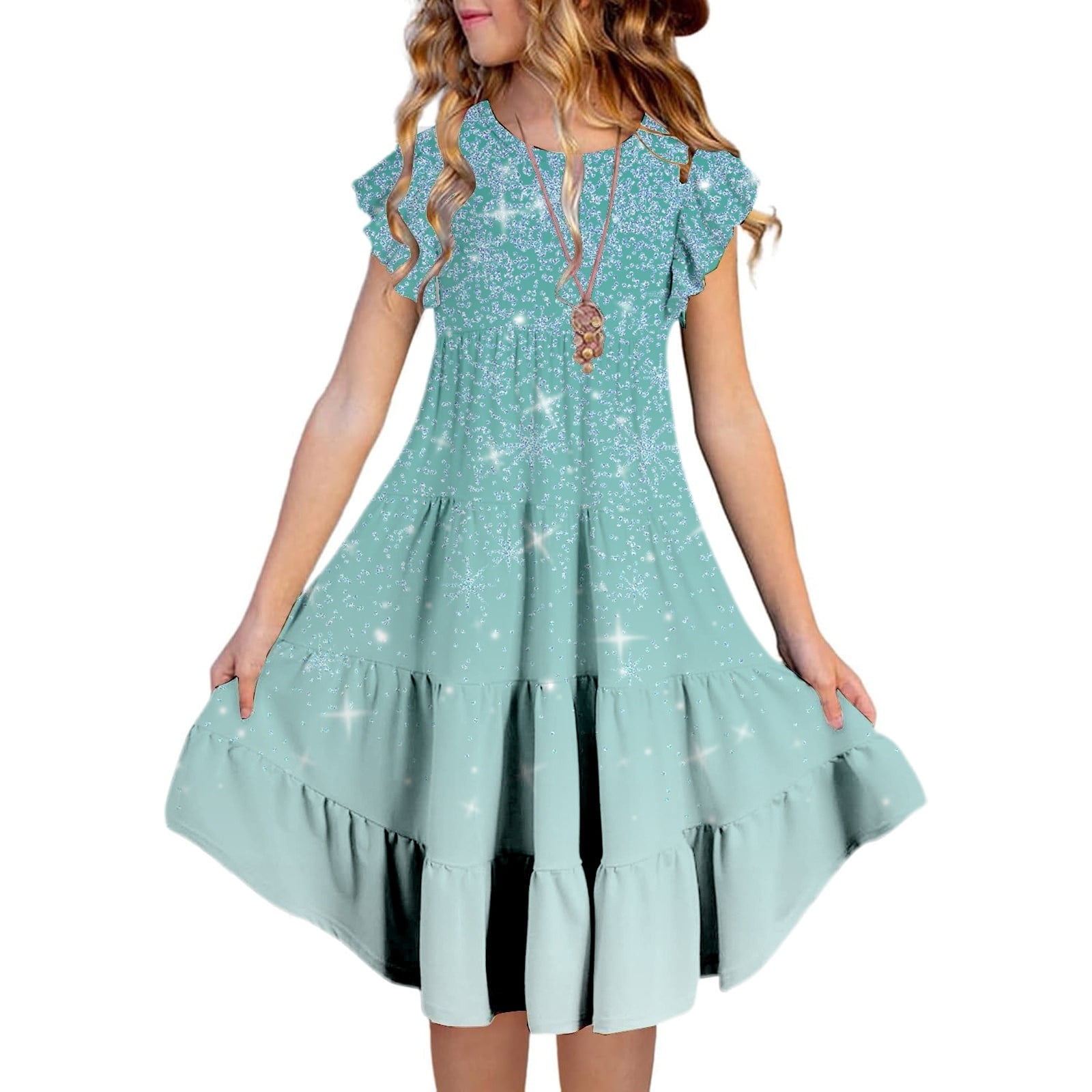 shoper Dress for Girls 6 Crew Neck Ruffled Sleeve Gradient Color ...