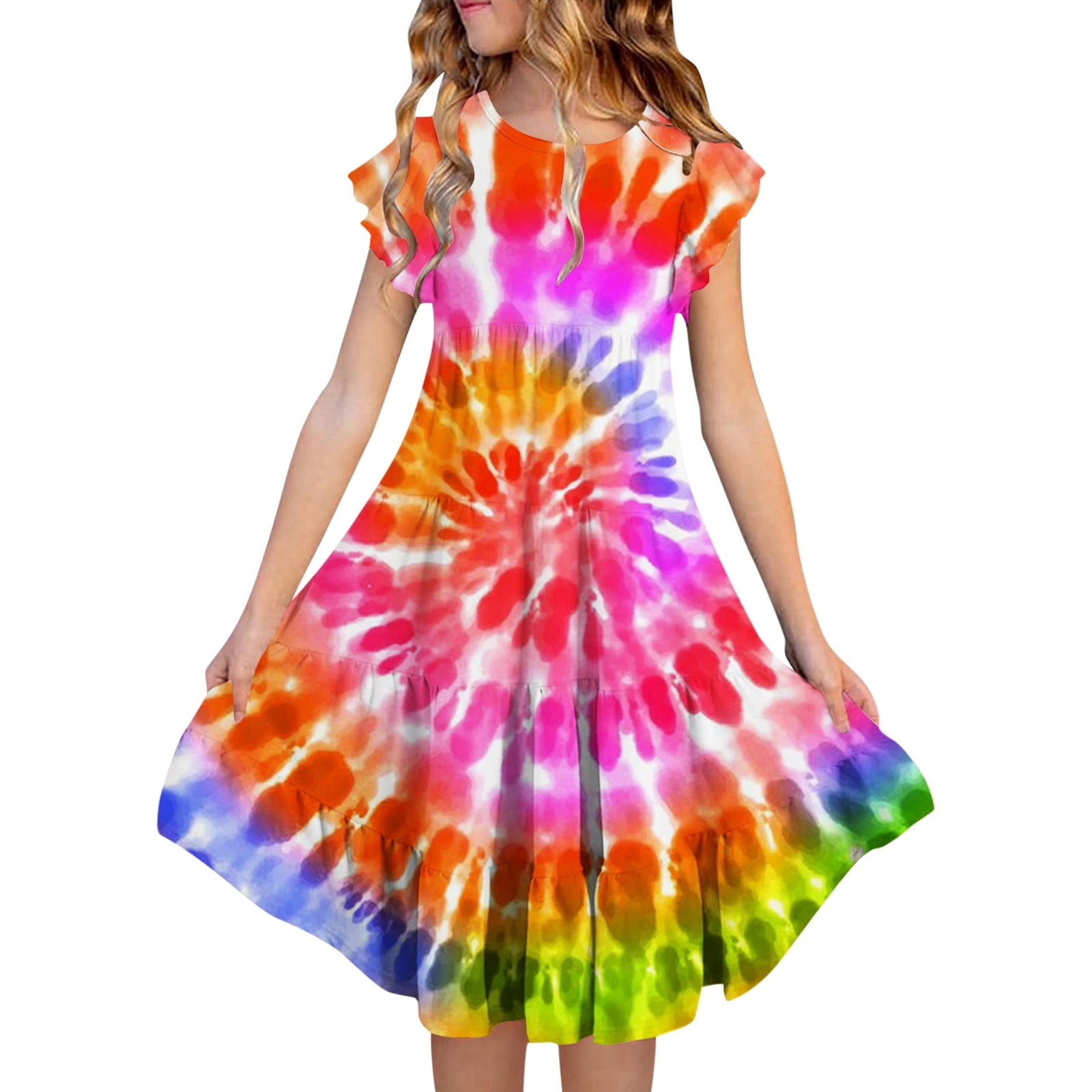 shoper Dresses for Girls 7 Ruffled Sleeve Tie Dye Crew Neck Tiered ...