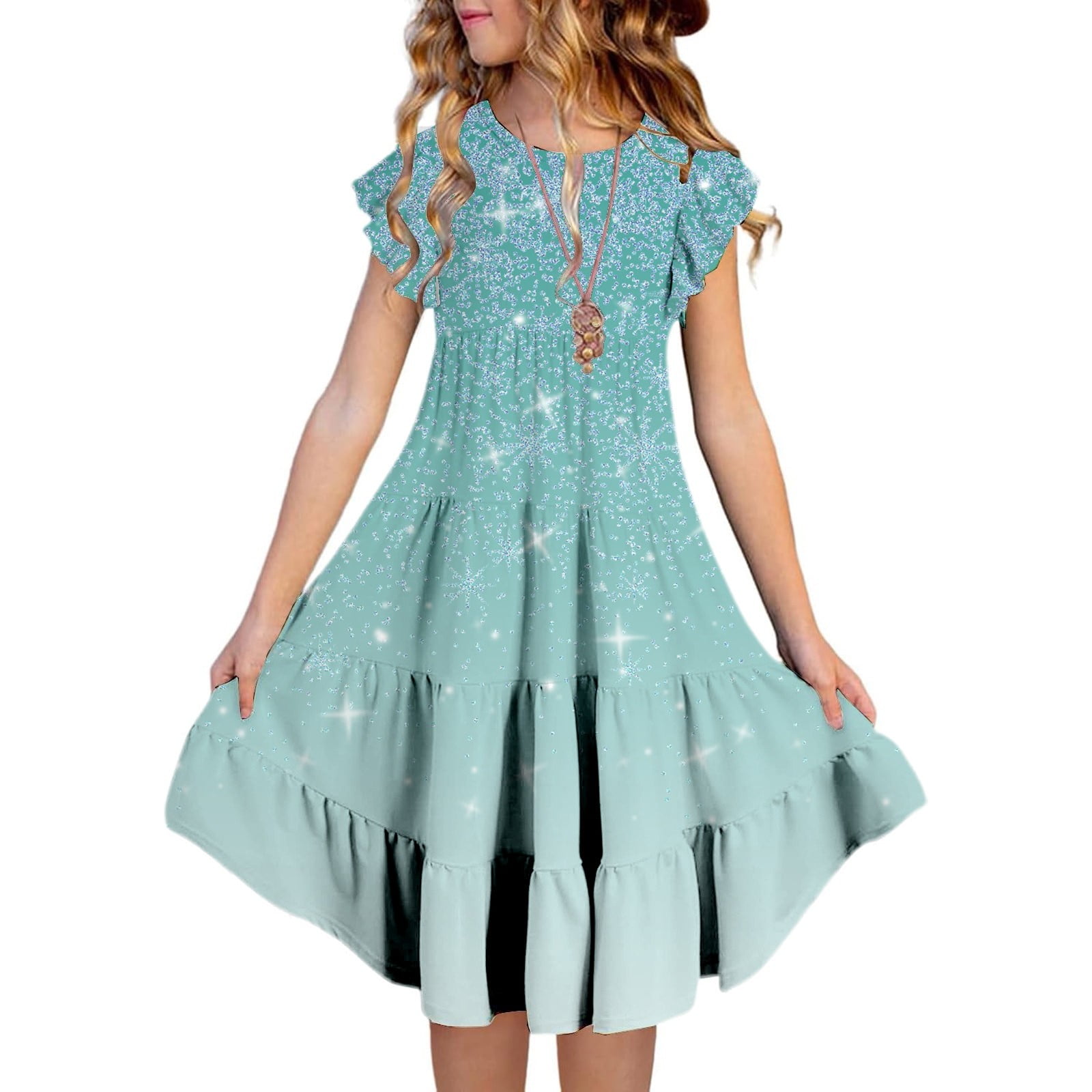 shoper Girls' Dresses Size 10 Crew Neck Ruffled Sleeve Gradient Color ...