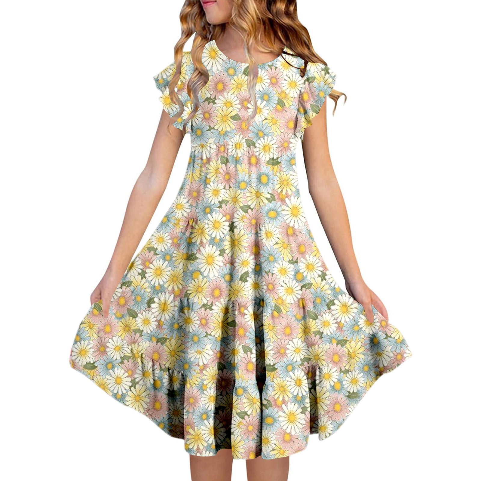 shoper Girls Dresses Size 6 Ruffled Sleeve Floral Print Crew Neck Swing ...