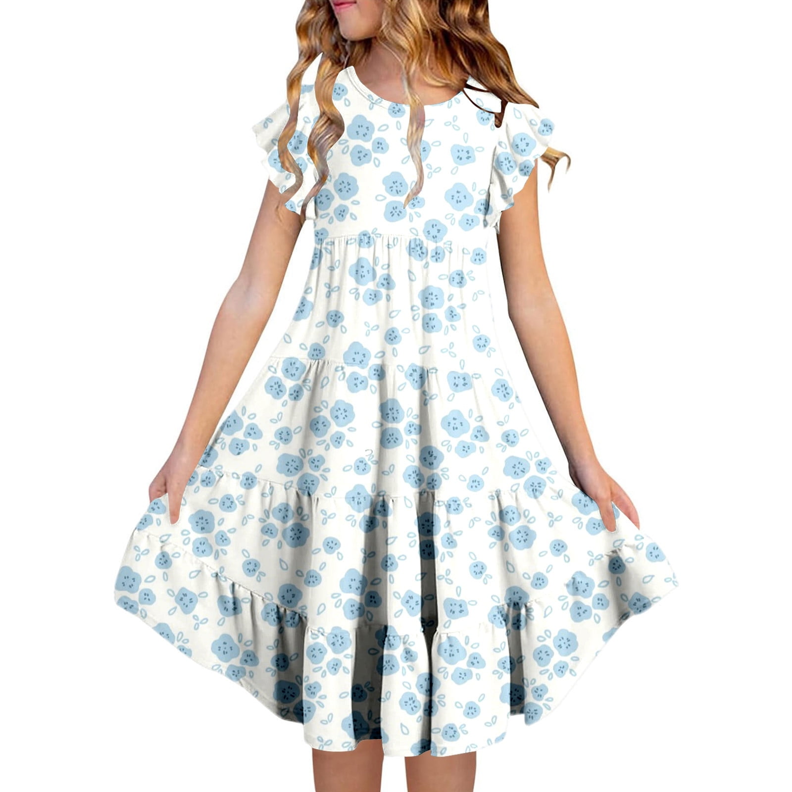 shoper Girls' Dresses Size 6 Ruffled Sleeve Floral Print Crew Neck ...
