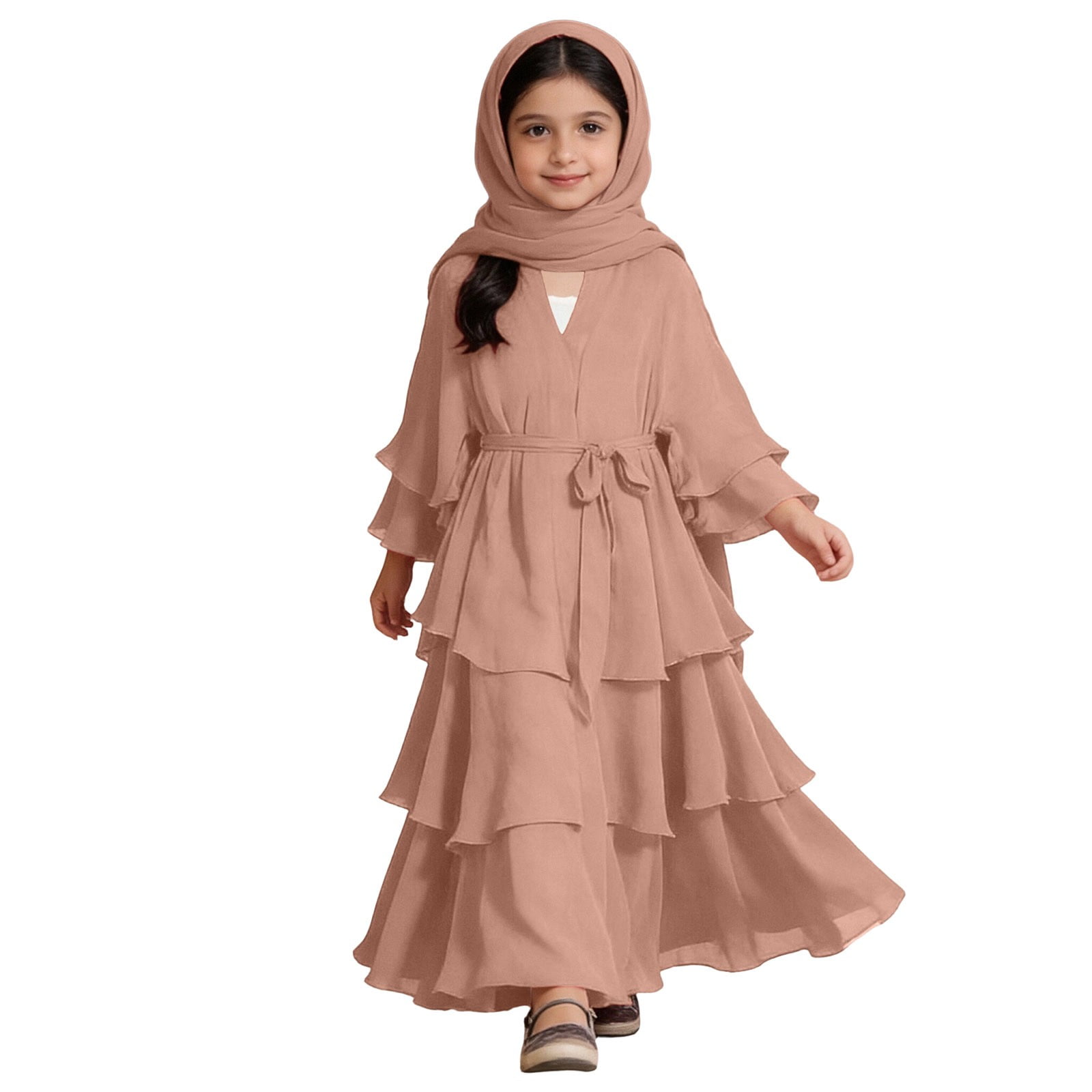 shoper Girls Open Front Abaya Cardigan Set Flowy Chiffon Layered Dress ...