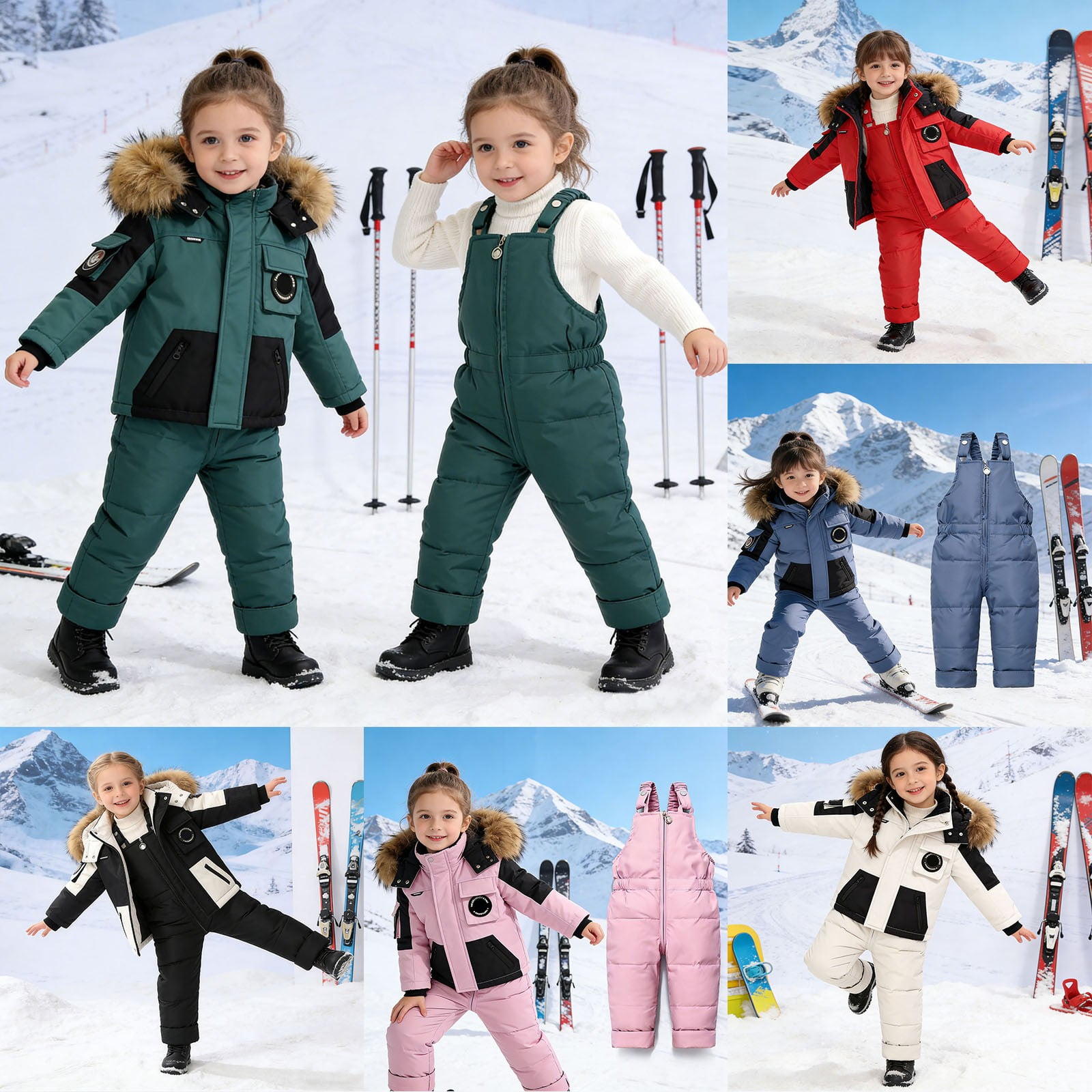 shoper Girls Snow Bib Winter Puffer Jacket and Snow Pants Set Windproof ...