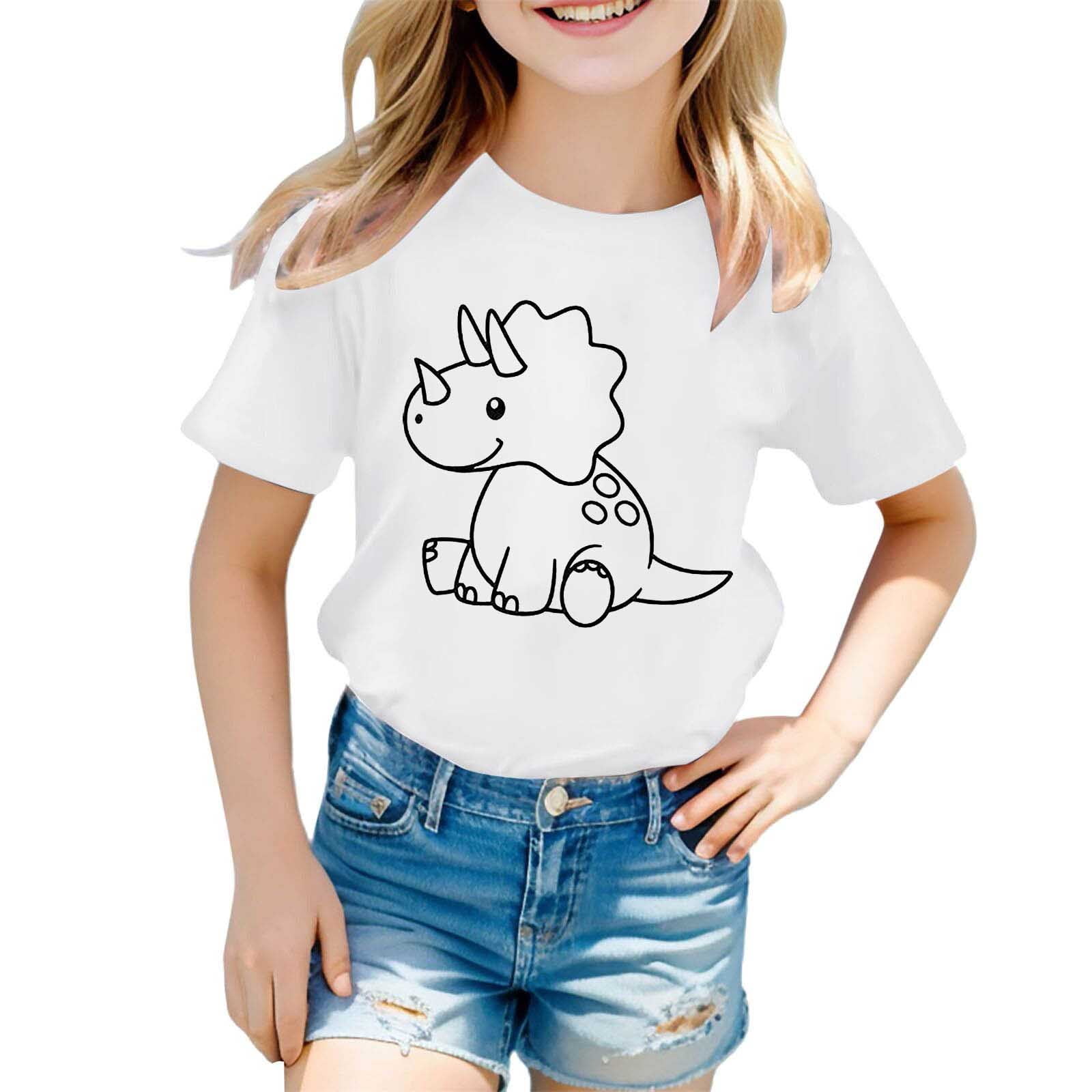 shoper Girls Tshirts 6 Round Neck Cute Dinosaur Print Short Sleeve Cotton Everyday Cute Tops for ...