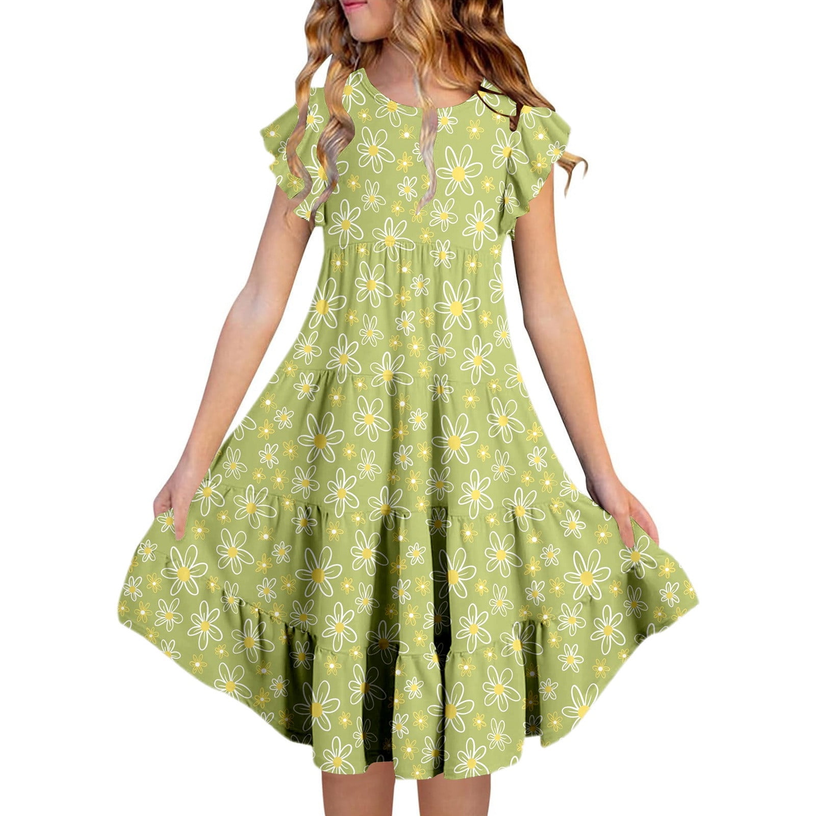 shoper Spring Dresses for Girls 2025 Ruffled Sleeve Floral Print Crew ...