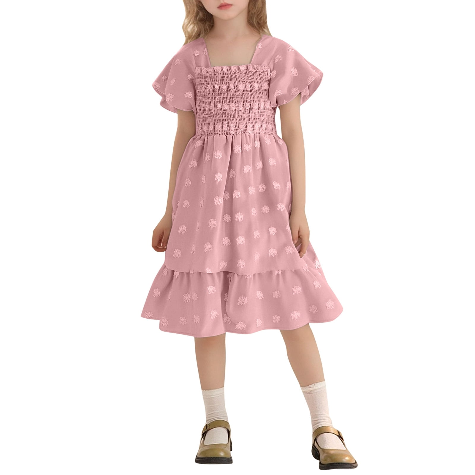 shoper Toddler Dresses 4t Square Neck Ruffled Sleeve Backless Smocked ...