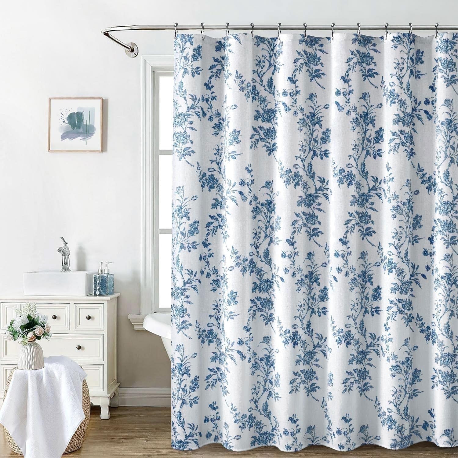 Psoiuetr Light Blue Shower Curtain Cotton Floral Cottagecore Shower ...