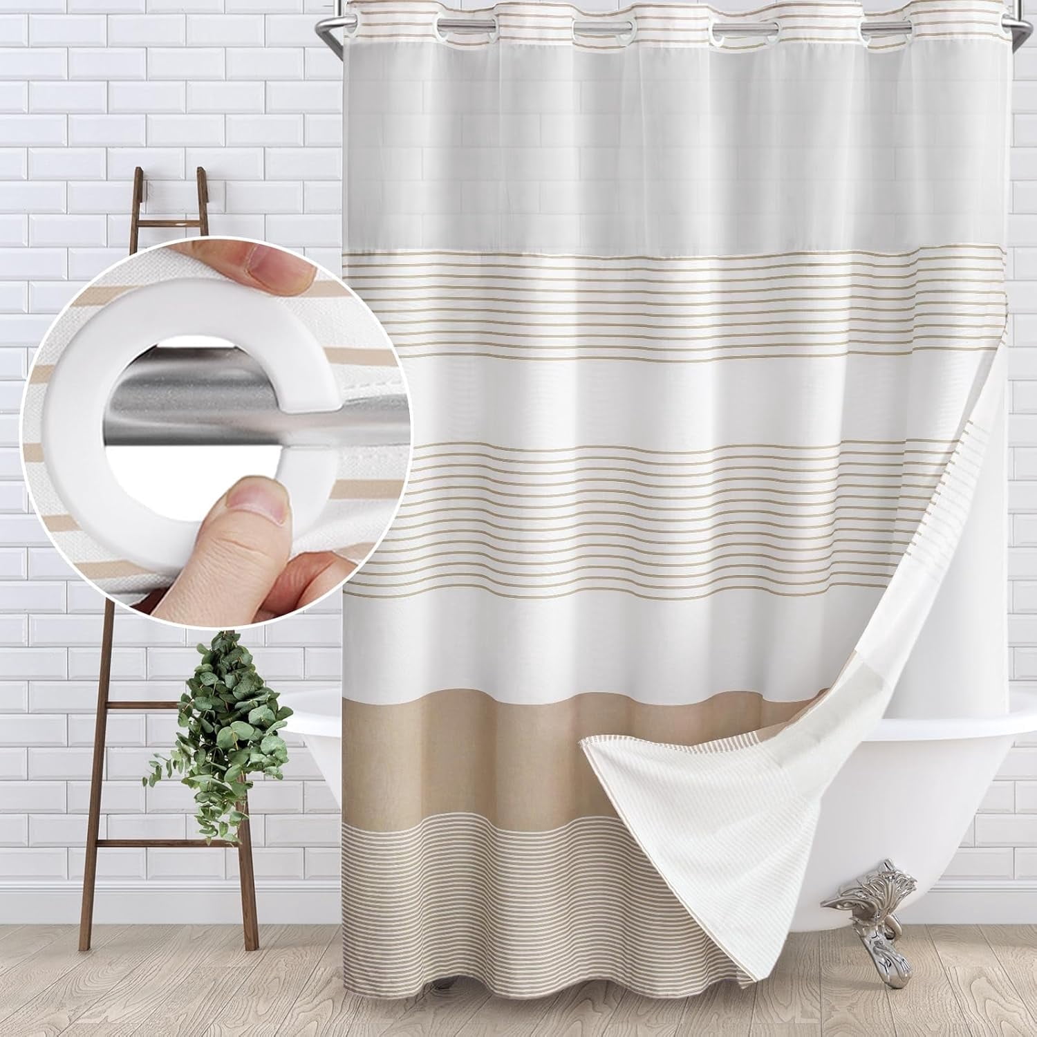 No Hook Shower Curtain with Snap in Liner Set Cotton and Linen Blend ...