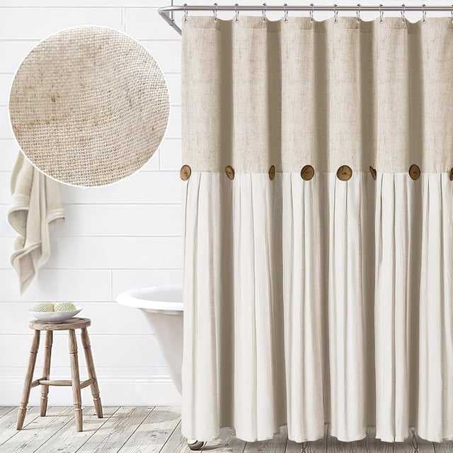 Linen Button Farmhouse Shower Curtain Linen and Cotton Woven Fabric ...