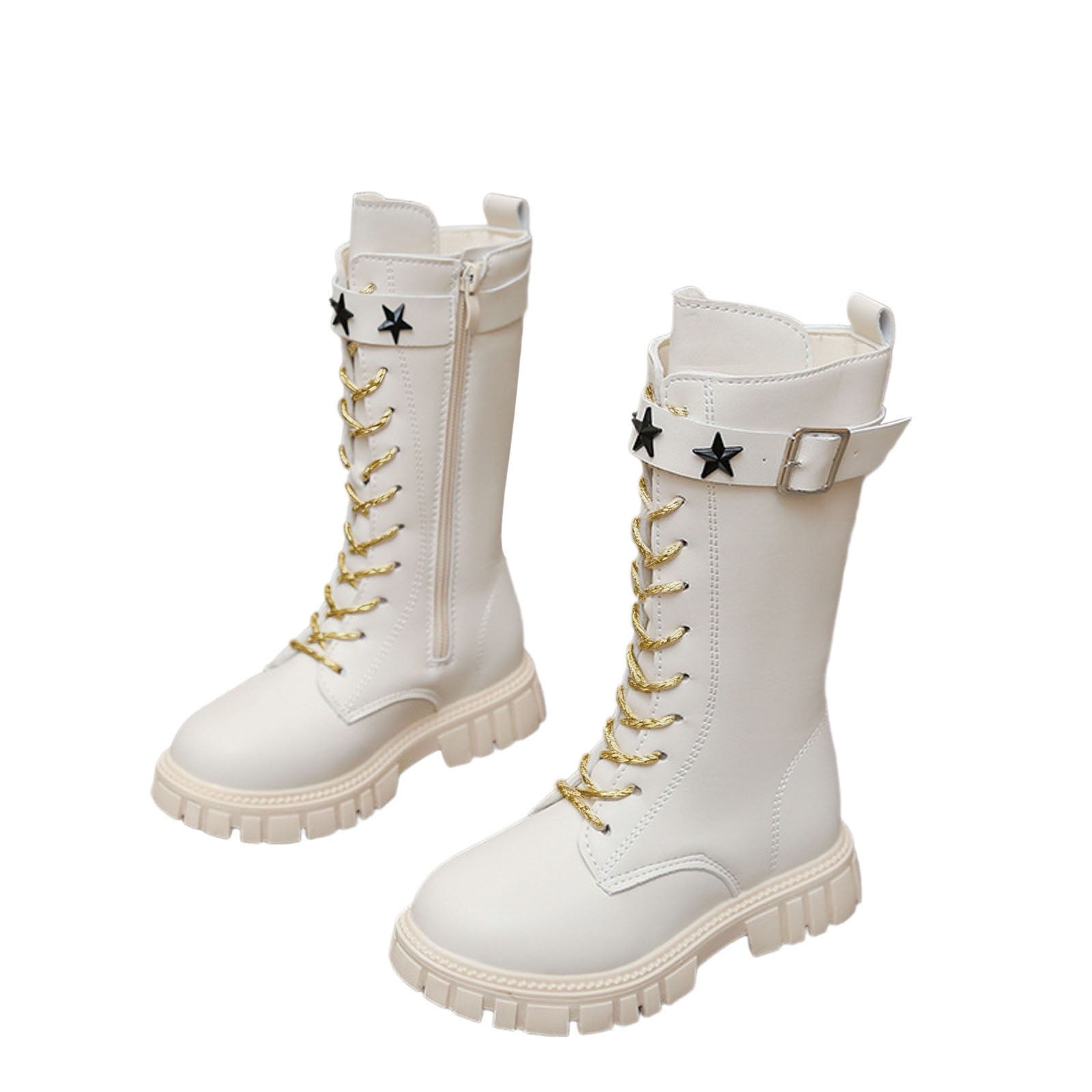 shqvo Girl's Knee High Riding Boots Lace Up Side Zipper Combat Boots ...