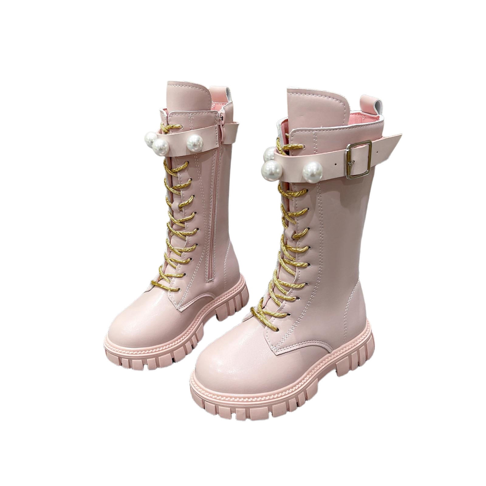 shqvo Girl's Mid Calf Riding Boots Lace Up Side Zipper Combat Boots ...