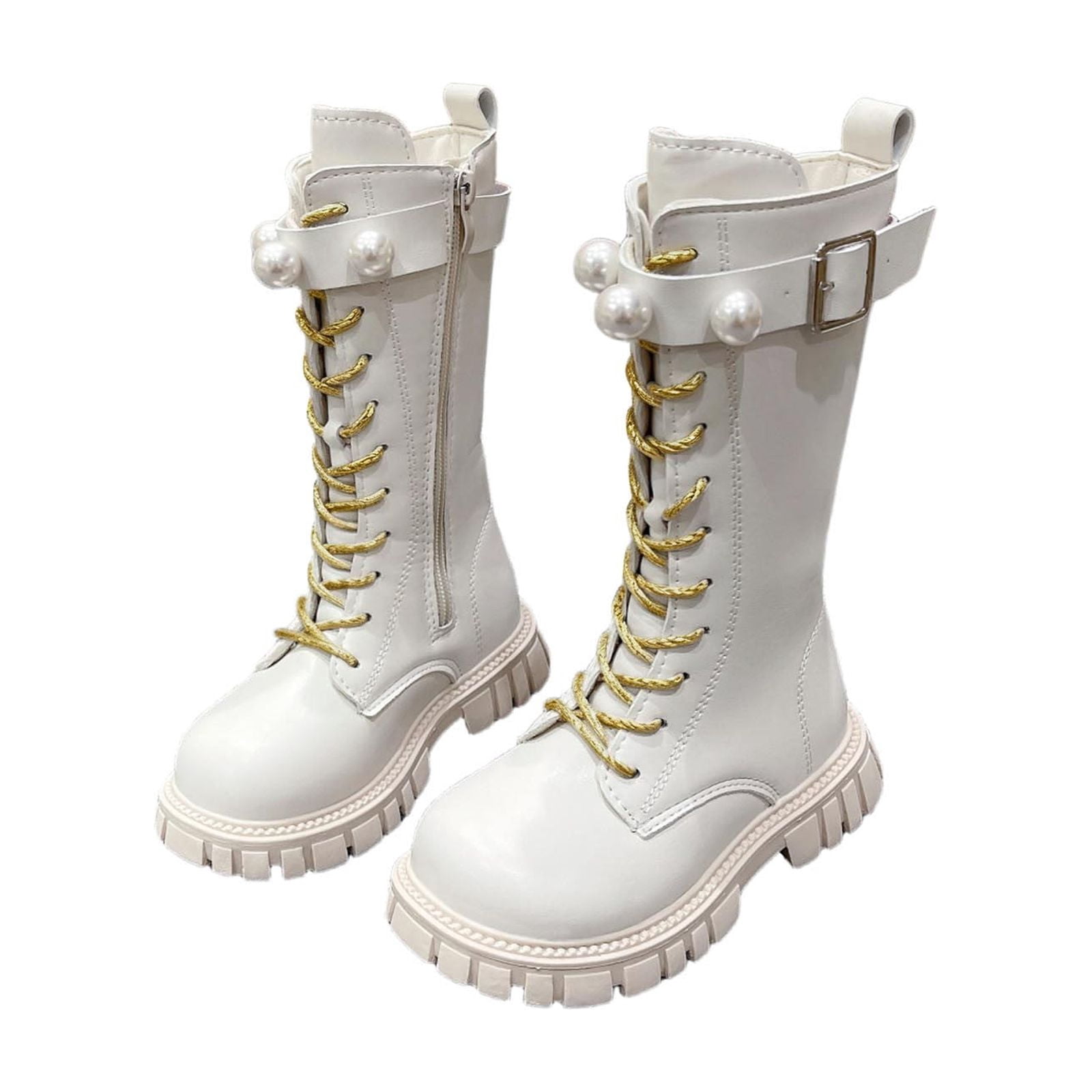 shqvo Girl's Mid Calf Riding Boots Lace Up Side Zipper Combat Boots ...