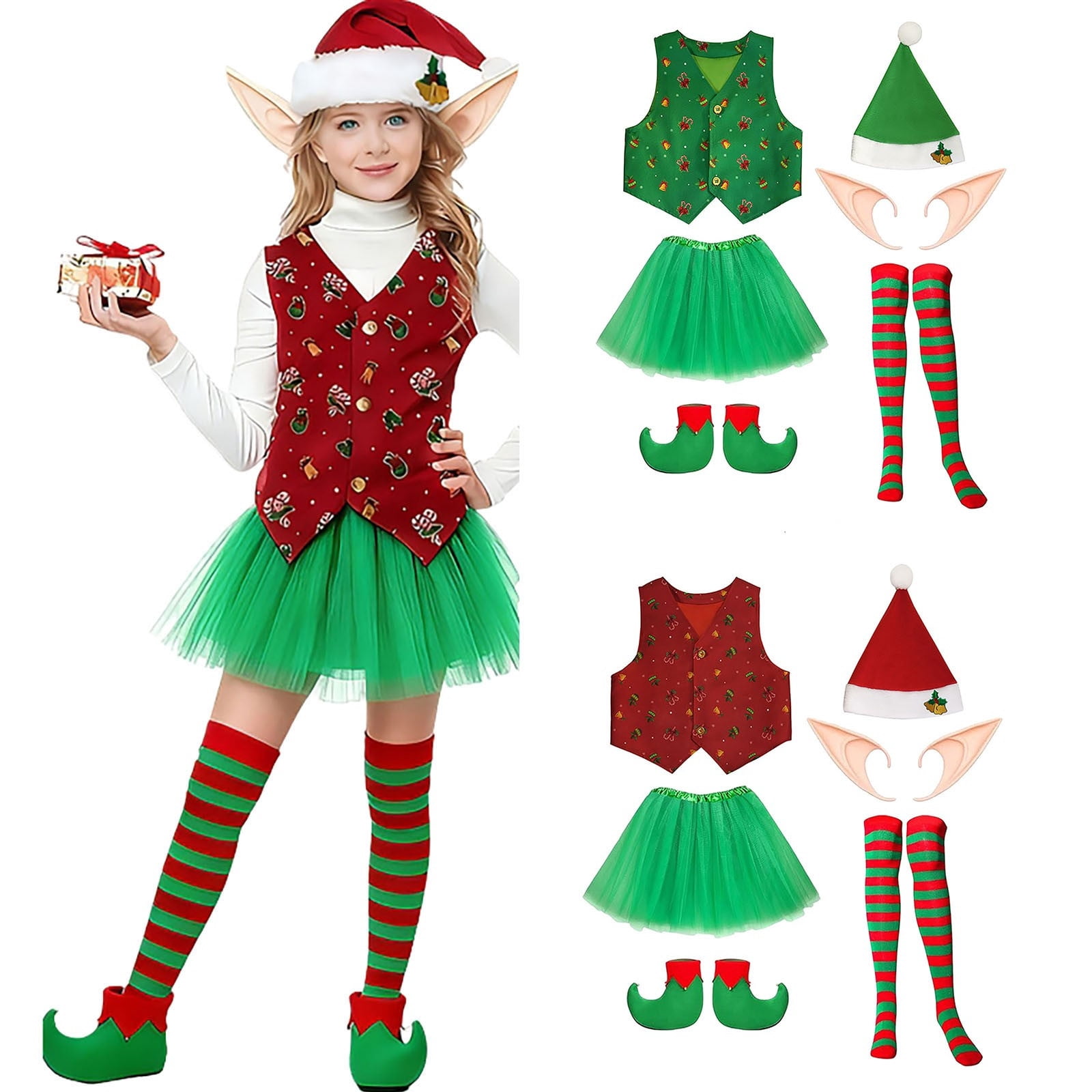 shqvo Girls Christmas Elf Tutu Skirts Outfit, Hat, Vest, Elf Ear, Tulle ...