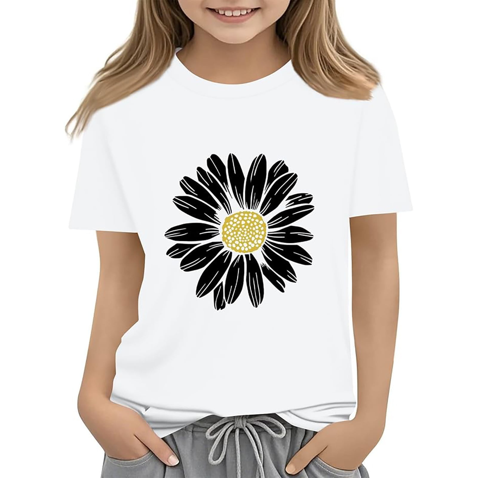 shqvo Girls Shirts Daisy Floral Tops Crewneck Short Sleeve Casual ...