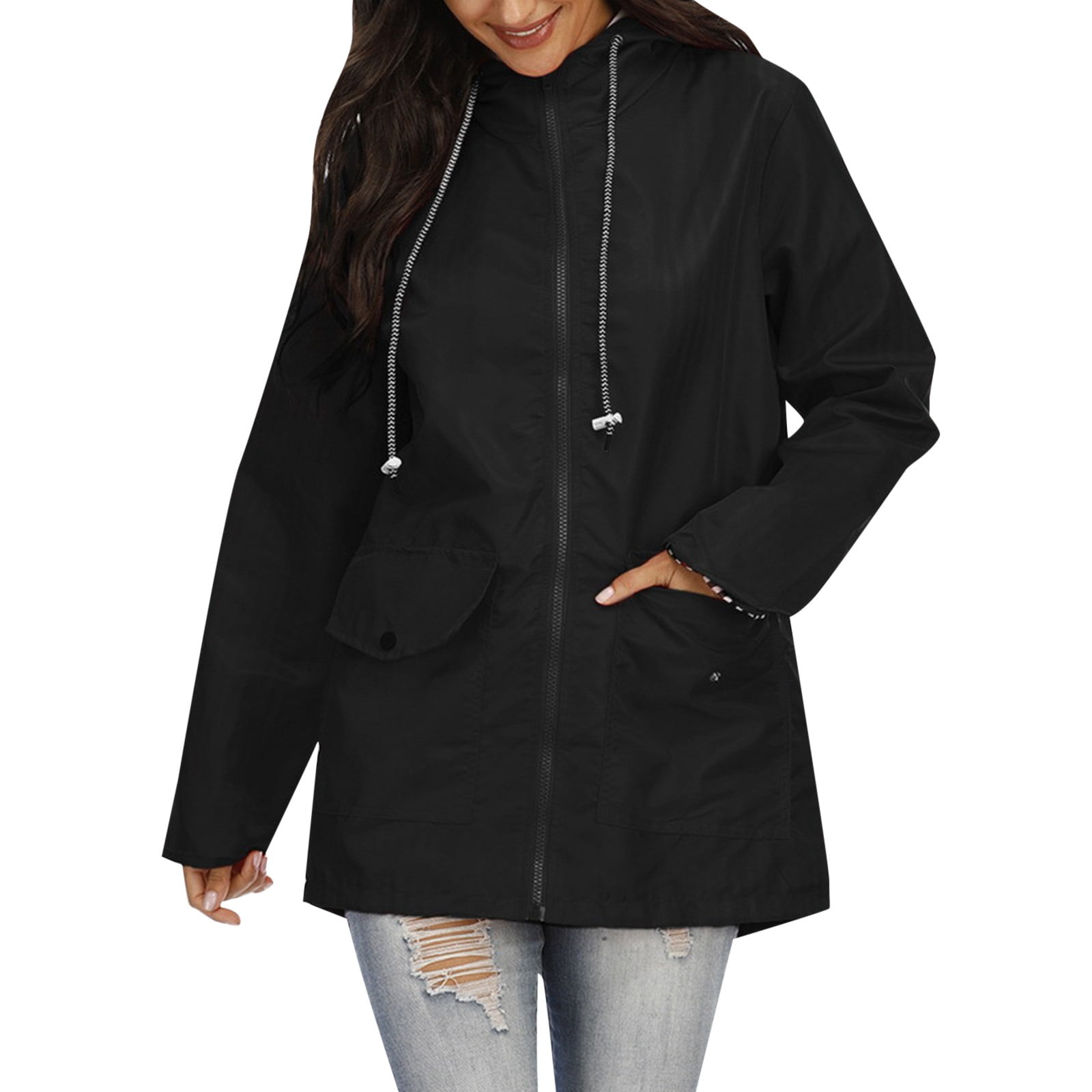 shqvo Rain Jacket Women Waterproof Coat With Striped Lining Hooded Zip ...