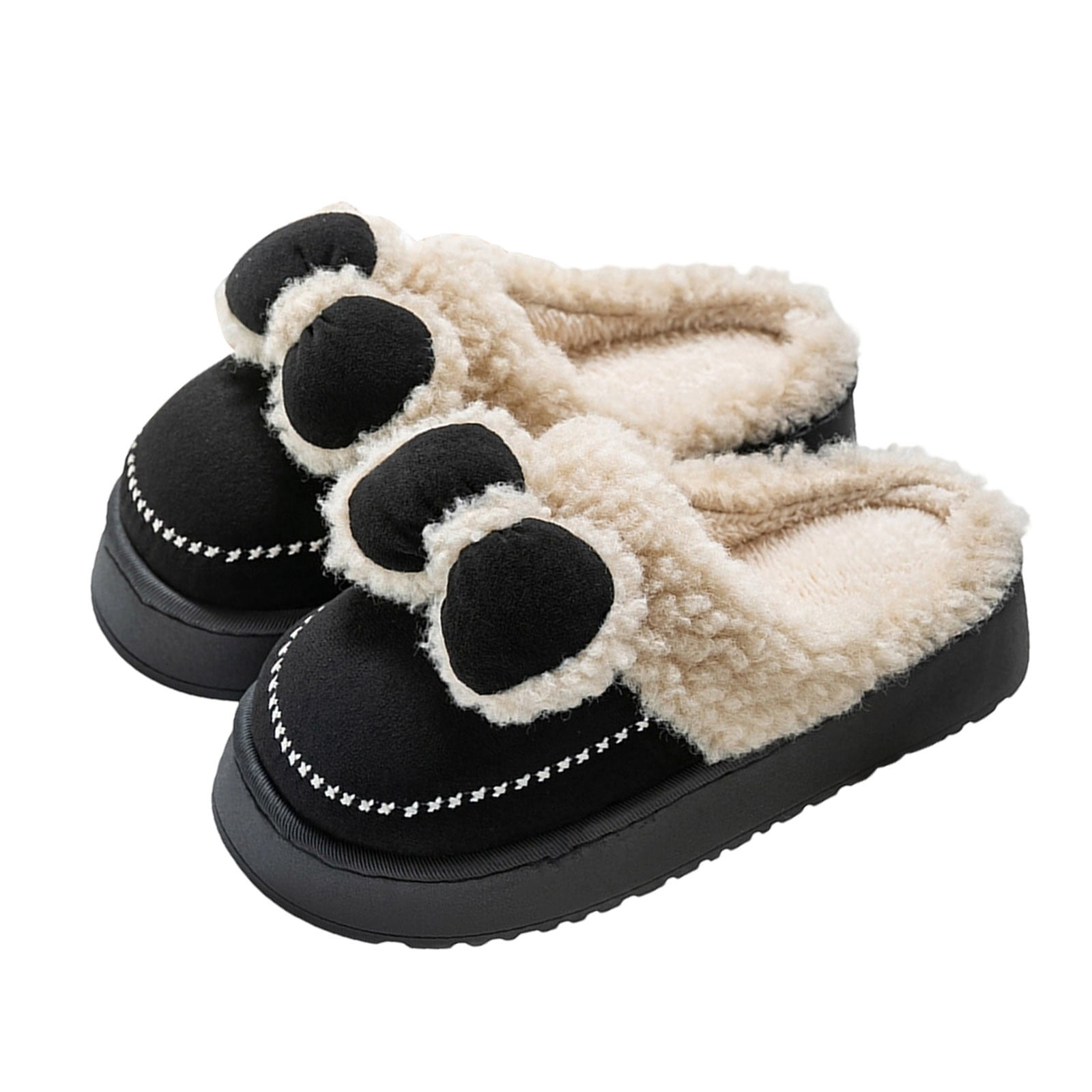 shqvo Slippers for Women Fuzzy Cute Bow Suede Plush Shoes Faux Fur ...