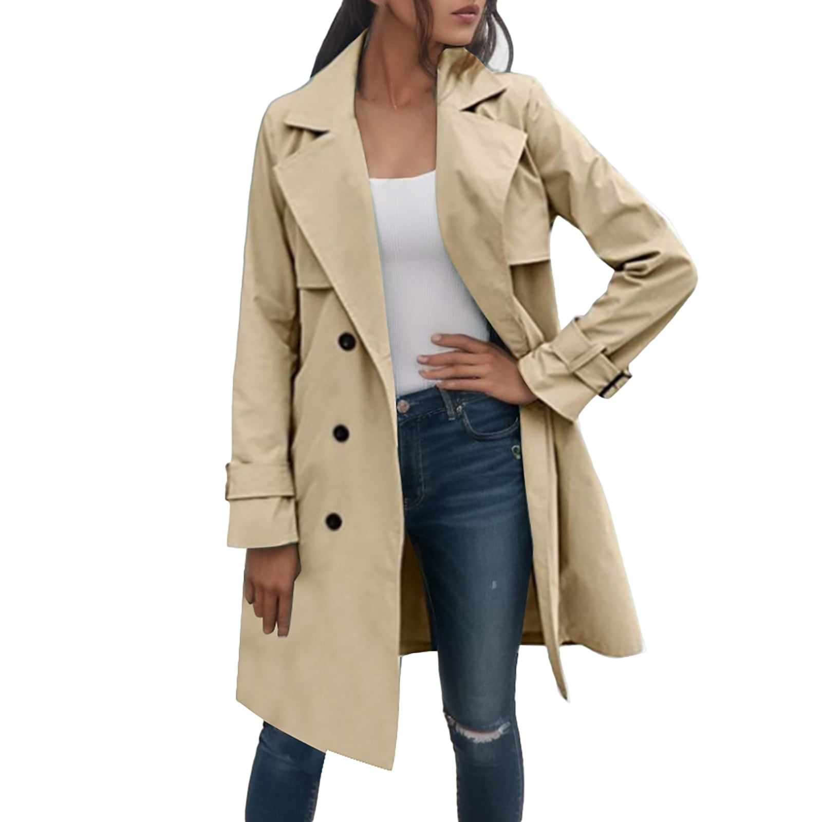 shqvo Windbreaker Jacket Women Solid Color Thin Double Breasted Belted ...