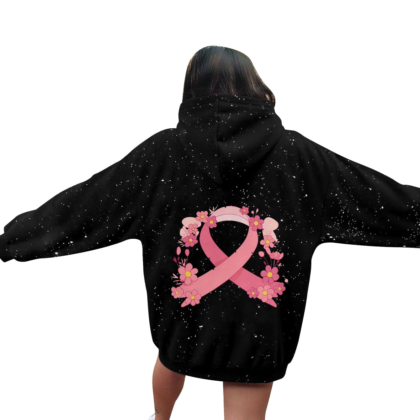 shqvo Women's Breast Cancer Warrior Support Print Starry Sky Hooded Sweatshirt Comfortable ...