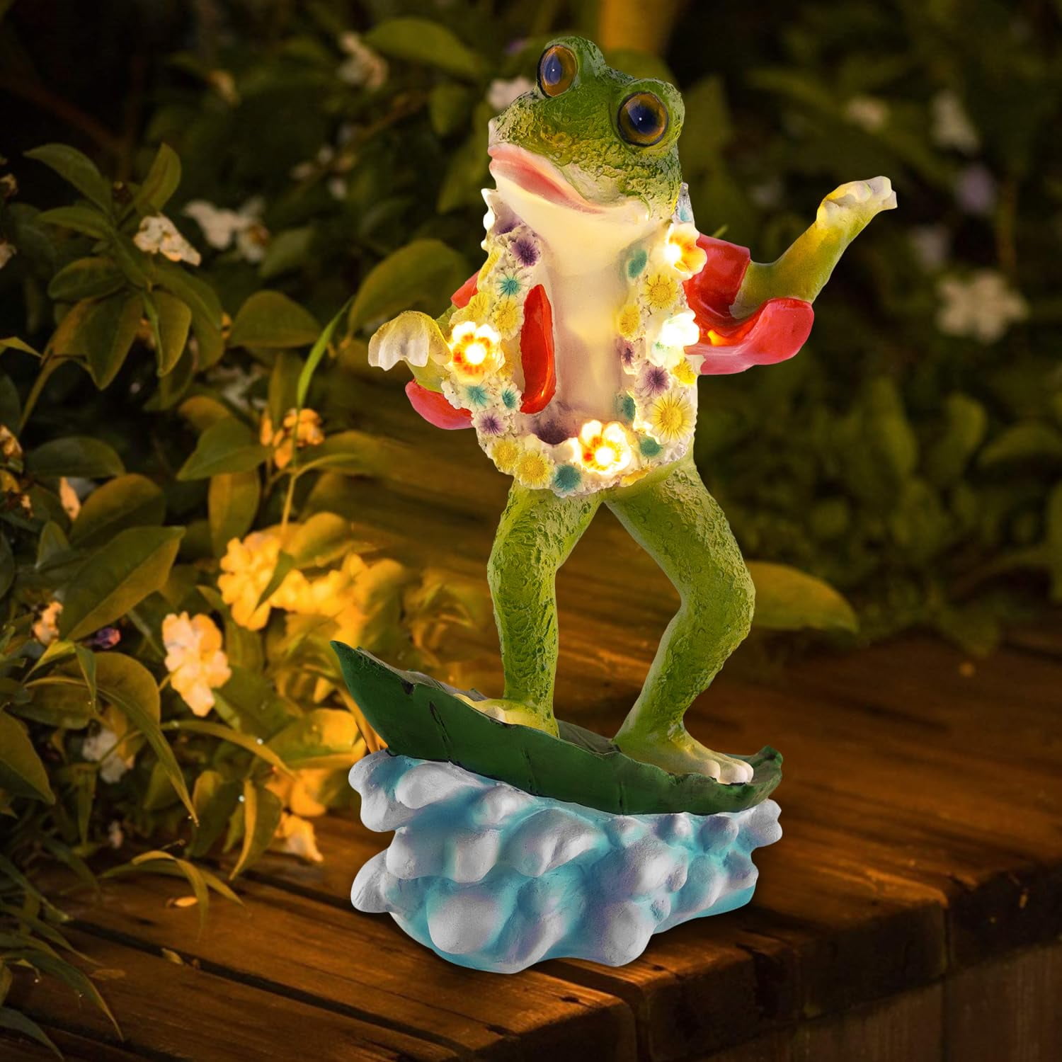 shumi Solar Garden Outdoor Statues Surf Frog with 5 Flower LED Lights ...