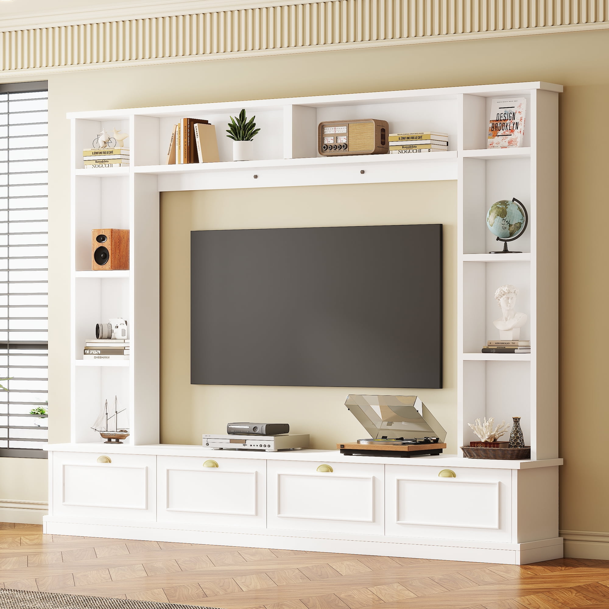 shunda K Large Wall Unit Entertainment Center with Bookshelves for TVs ...