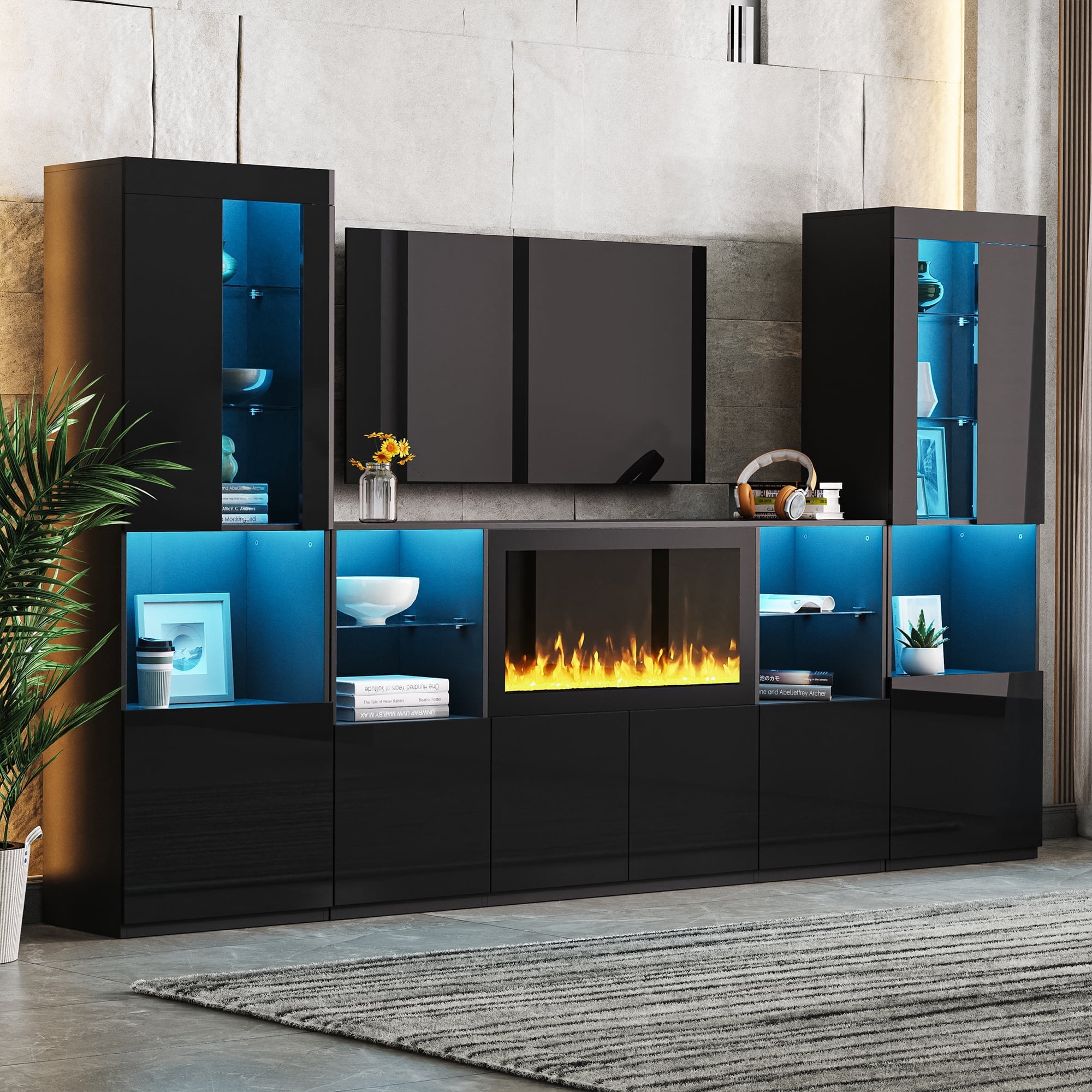 shunda K Modern TV Stand with 34.2" Non-heating Electric Fireplace ...