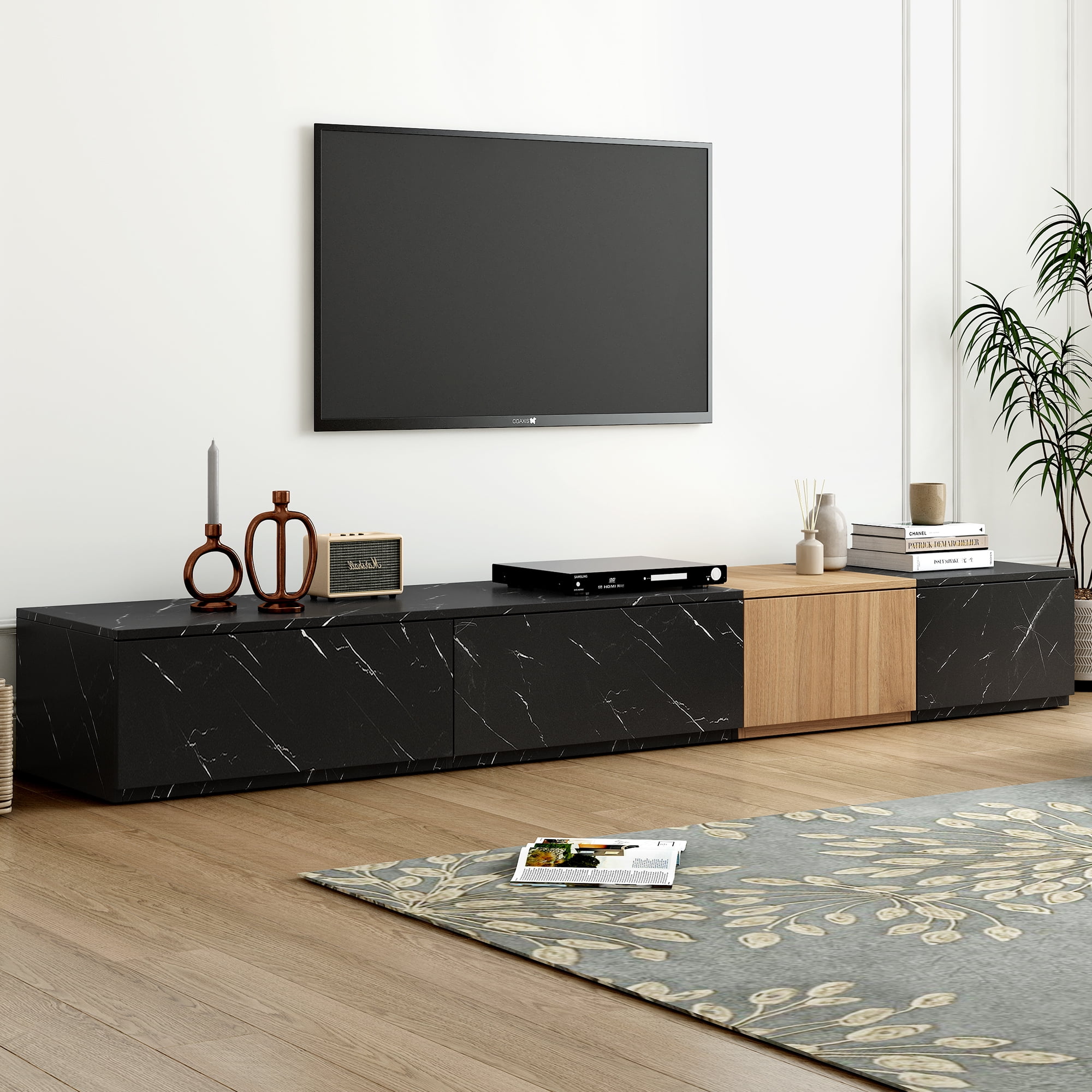 shunda K TV Stand with Faux Marble and Walnut Wood Grain Finish for TVs ...