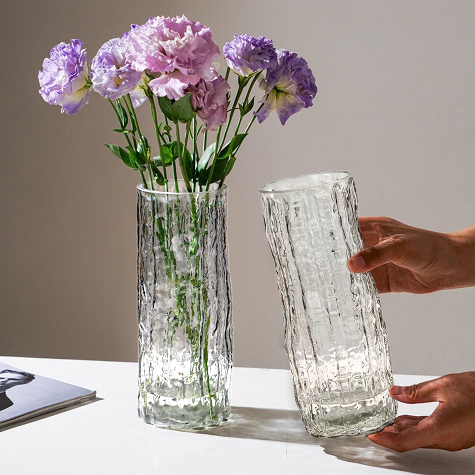 shyuyusa Glacier Glass Flower Vases for Bouquet,Modern Aesthetic Ribbed ...