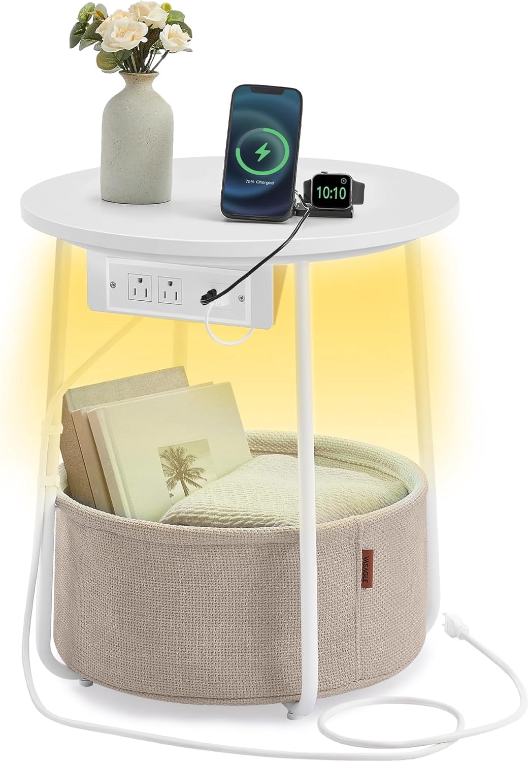 **side table with charging station, round end table with fabric basket ...