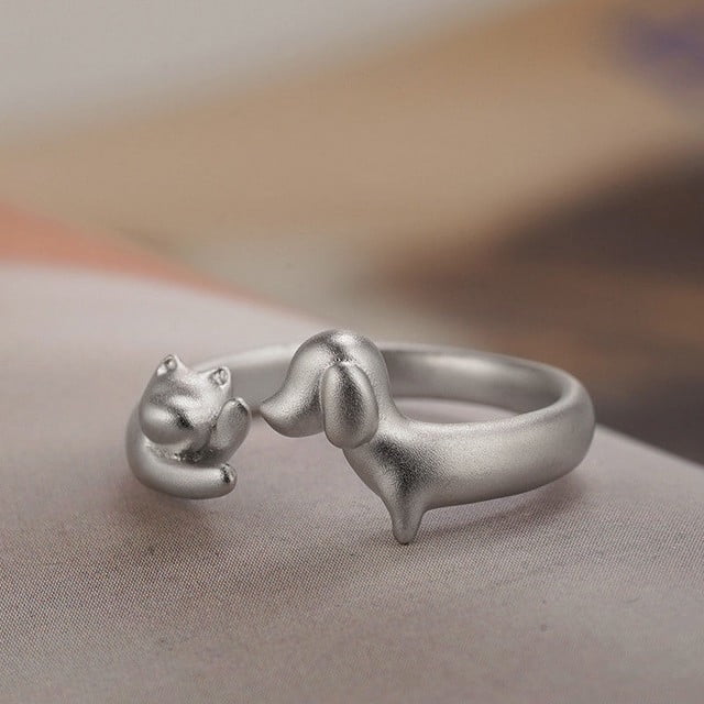 silver Cats And Dogs Hug Ring Symbolic Pet Lover Decorative Silver Tone ...