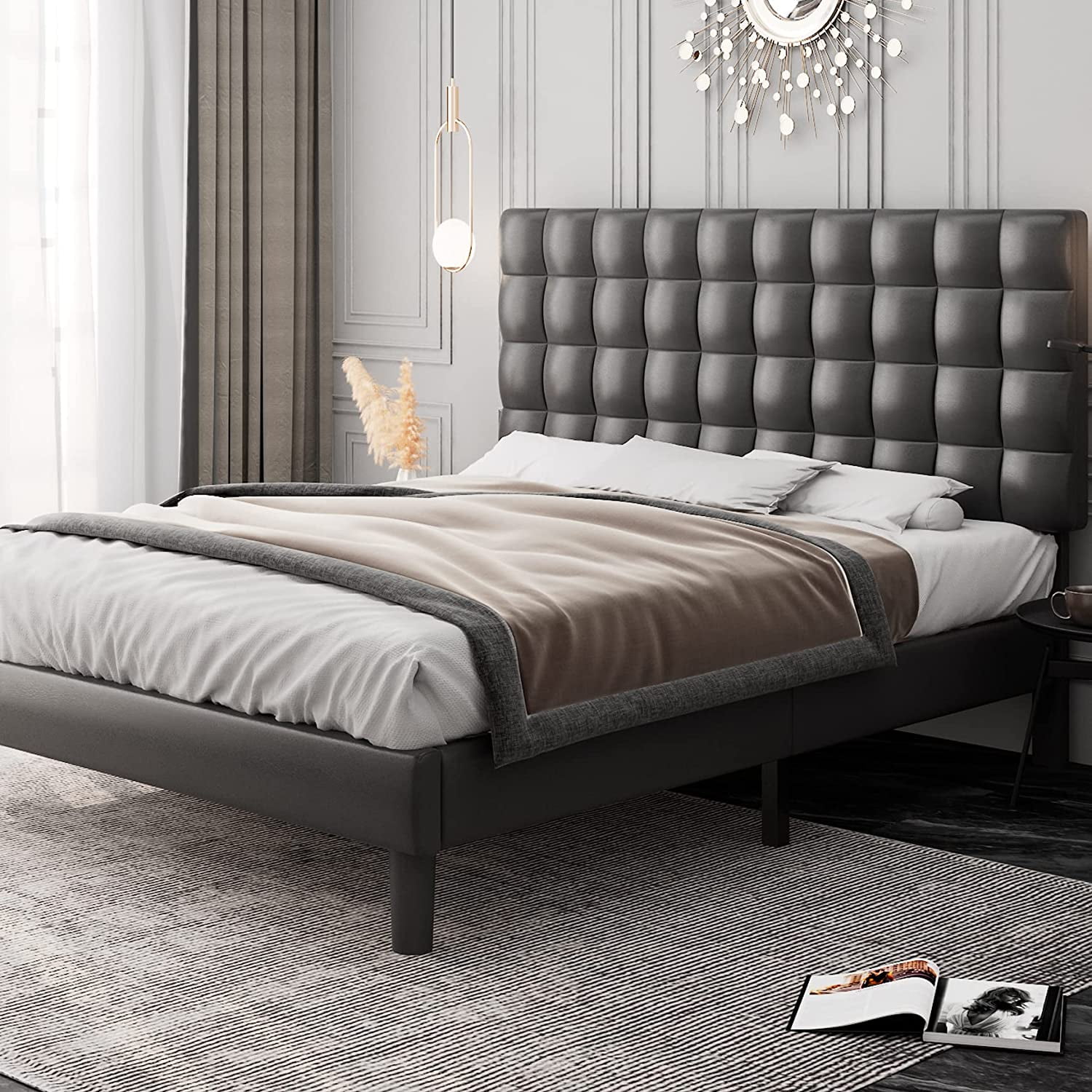 simple Full Size Bed Frame with Square Stitched Headboard Faux Leather ...