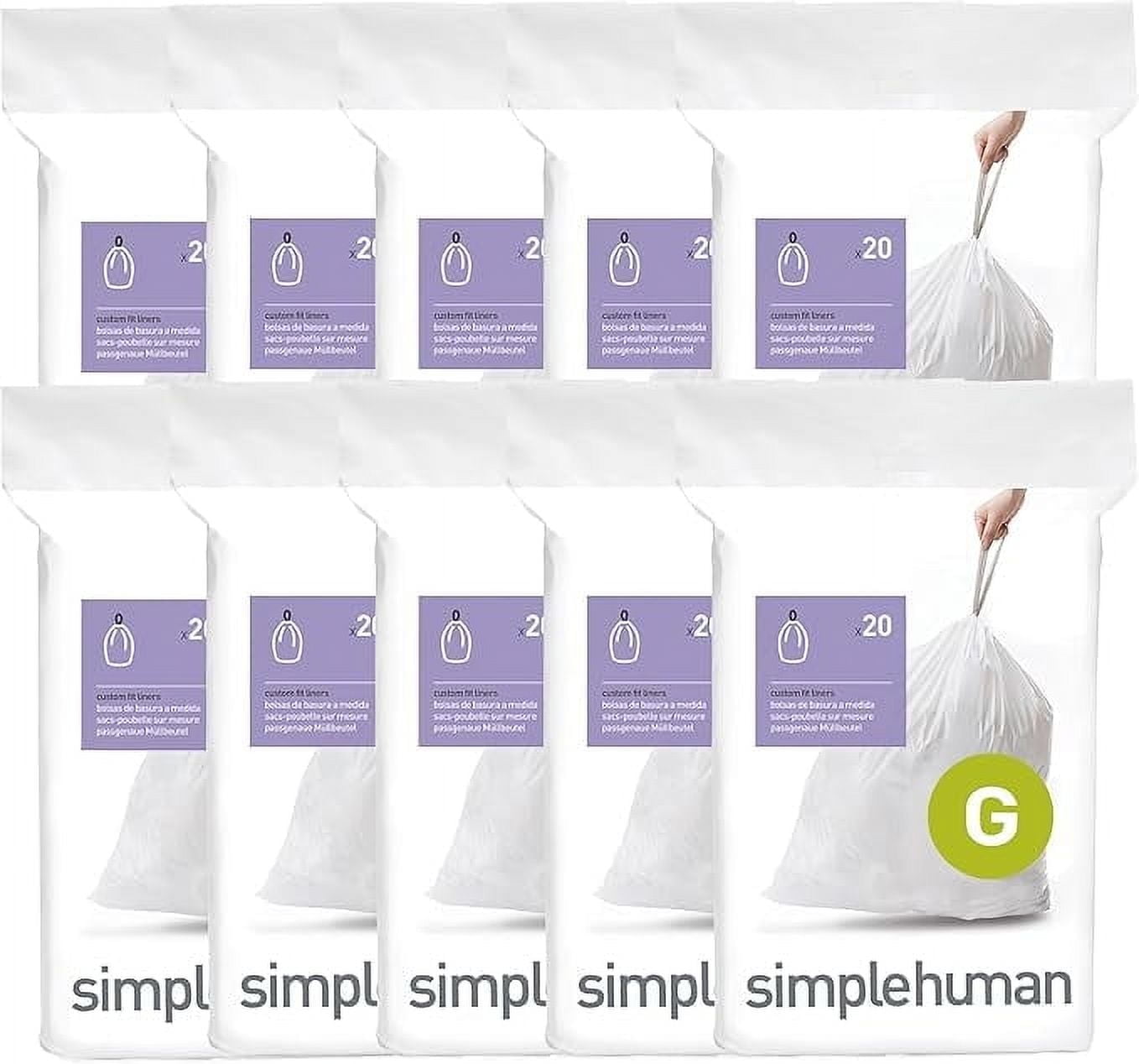 simplehuman Code G Custom Fit Drawstring Trash Bags, 200 Count, 30 ...