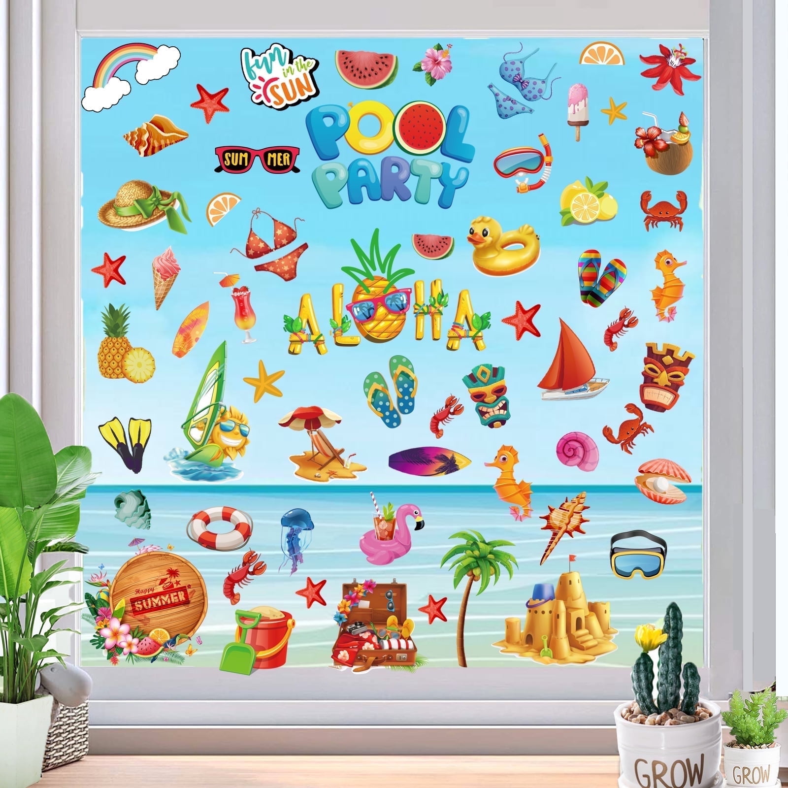 sinkoo 111 PCS Summer Window Clings,Reusable Double-Sided Summer Window ...