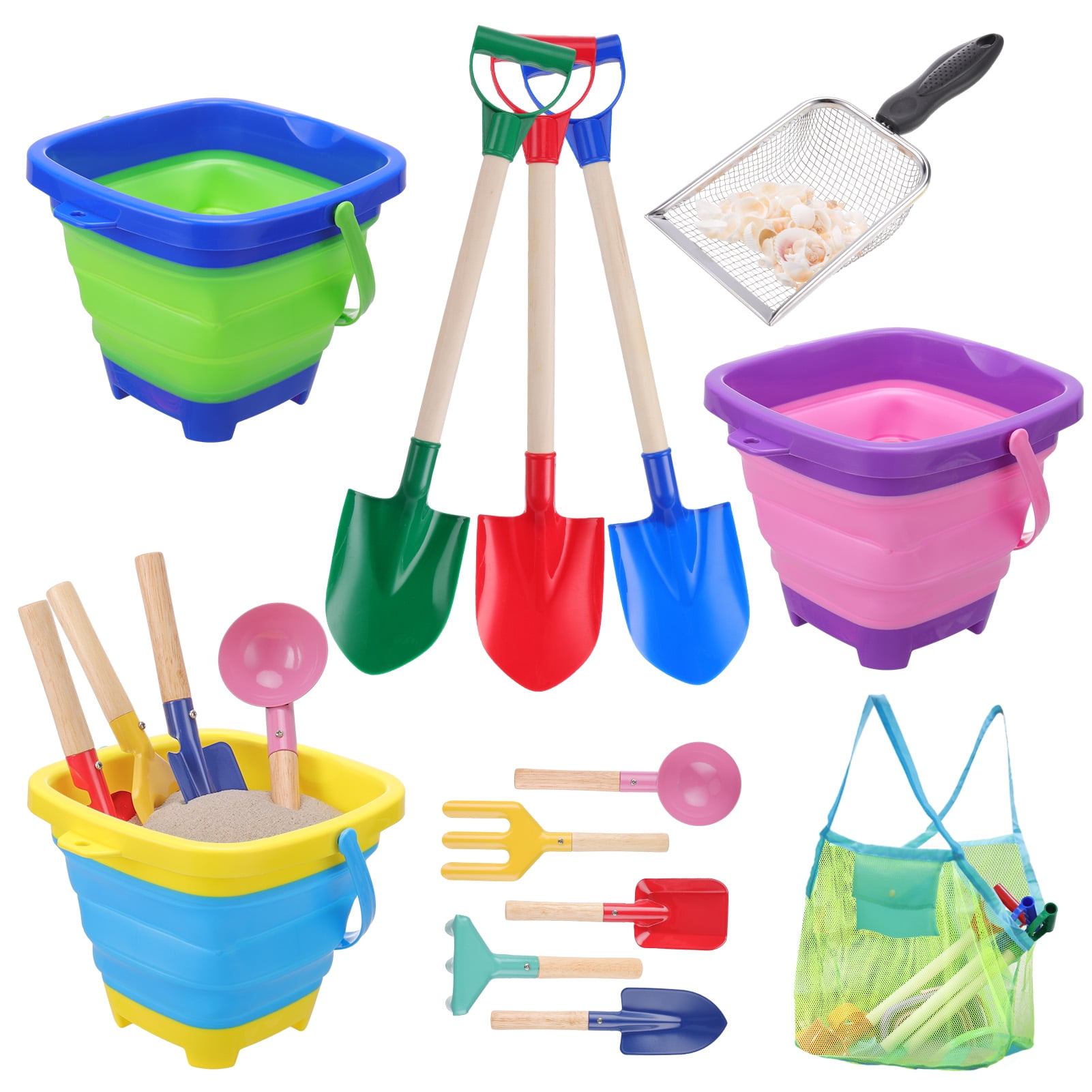 sixwipe 14 Pcs Beach Sand Toys, Collapsible Buckets and Shovels, Kids ...