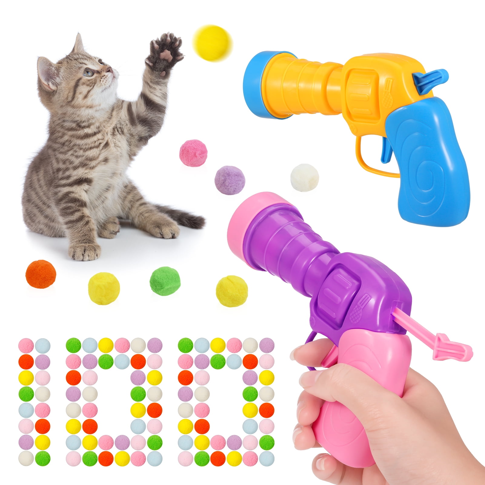 "sixwipe Cat Toy Launcher, Plush Ball Shooter with 100 Pom Pom Balls, 1 ...