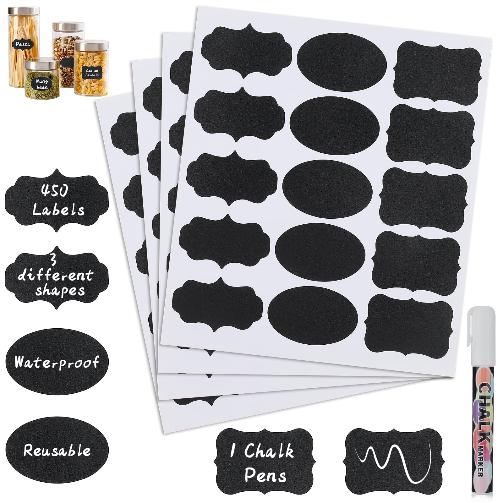 sixwipe 450 Pcs Chalkboard Labels, Waterproof Reusable Stickers, Black ...