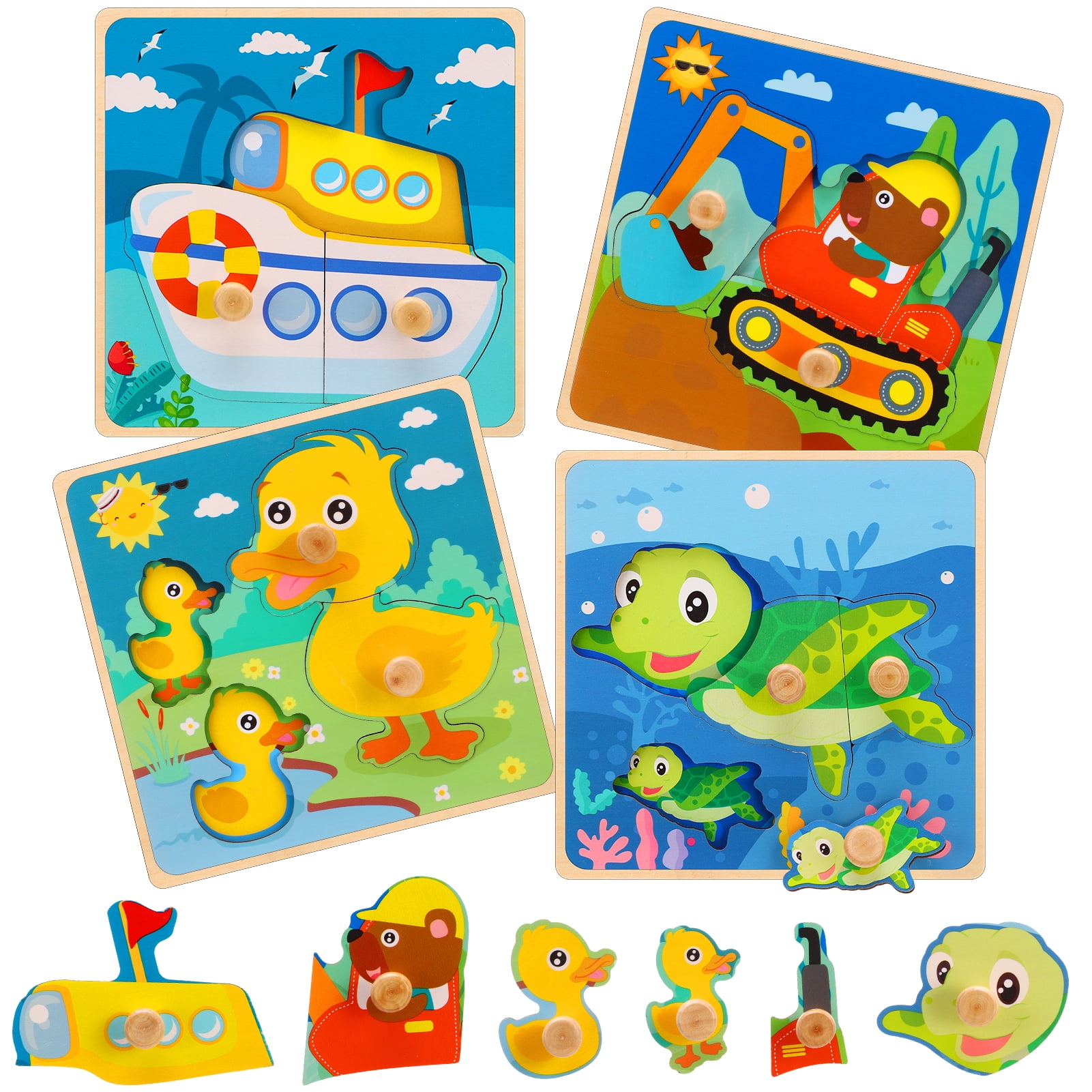 sixwipe 4 Pack Thick Wooden Peg Puzzles for Toddlers, 5.9 x 5.9 x 1 ...