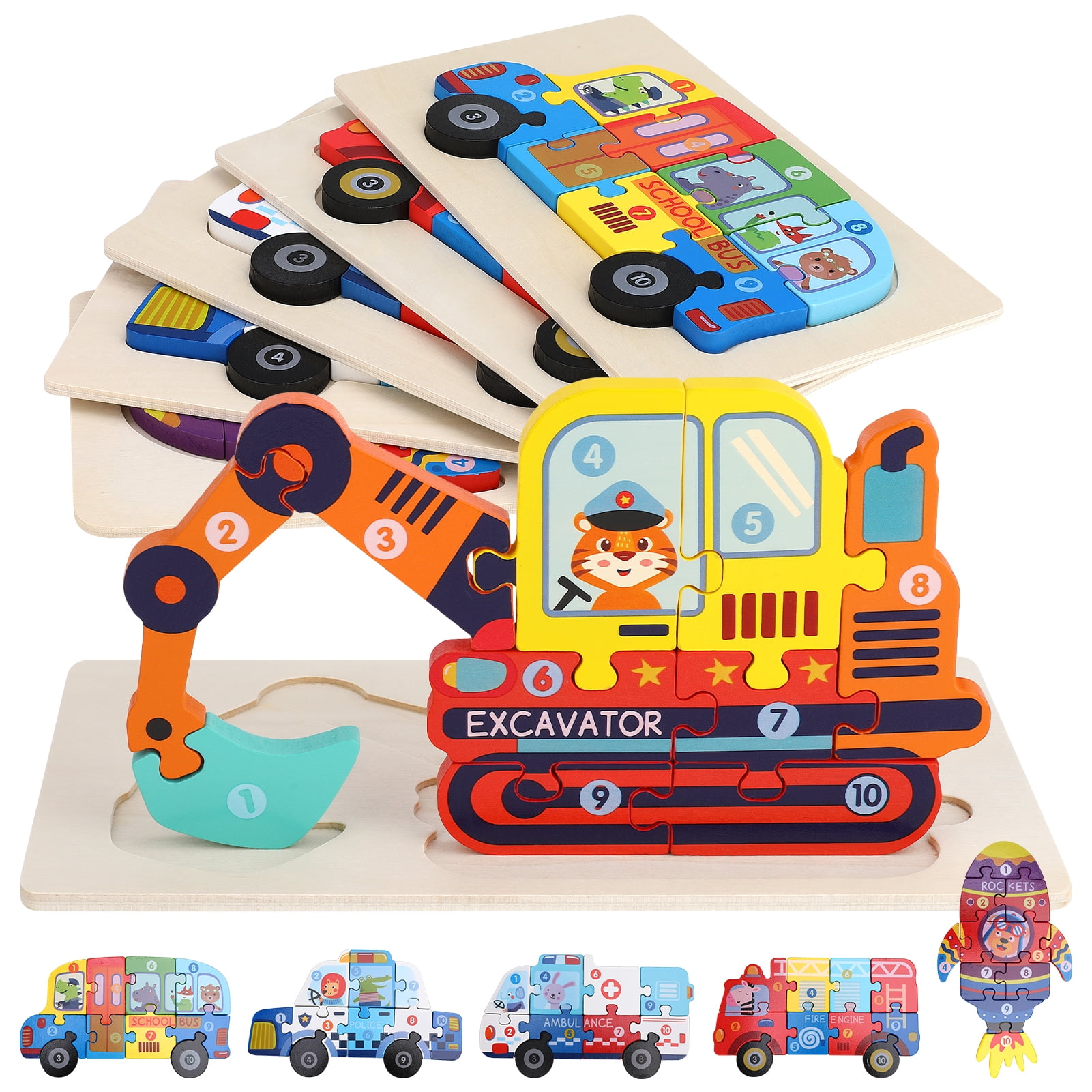 sixwipe Wooden Puzzles for Toddlers 1-3, 6 Pcs Vehicle Jigsaws ...