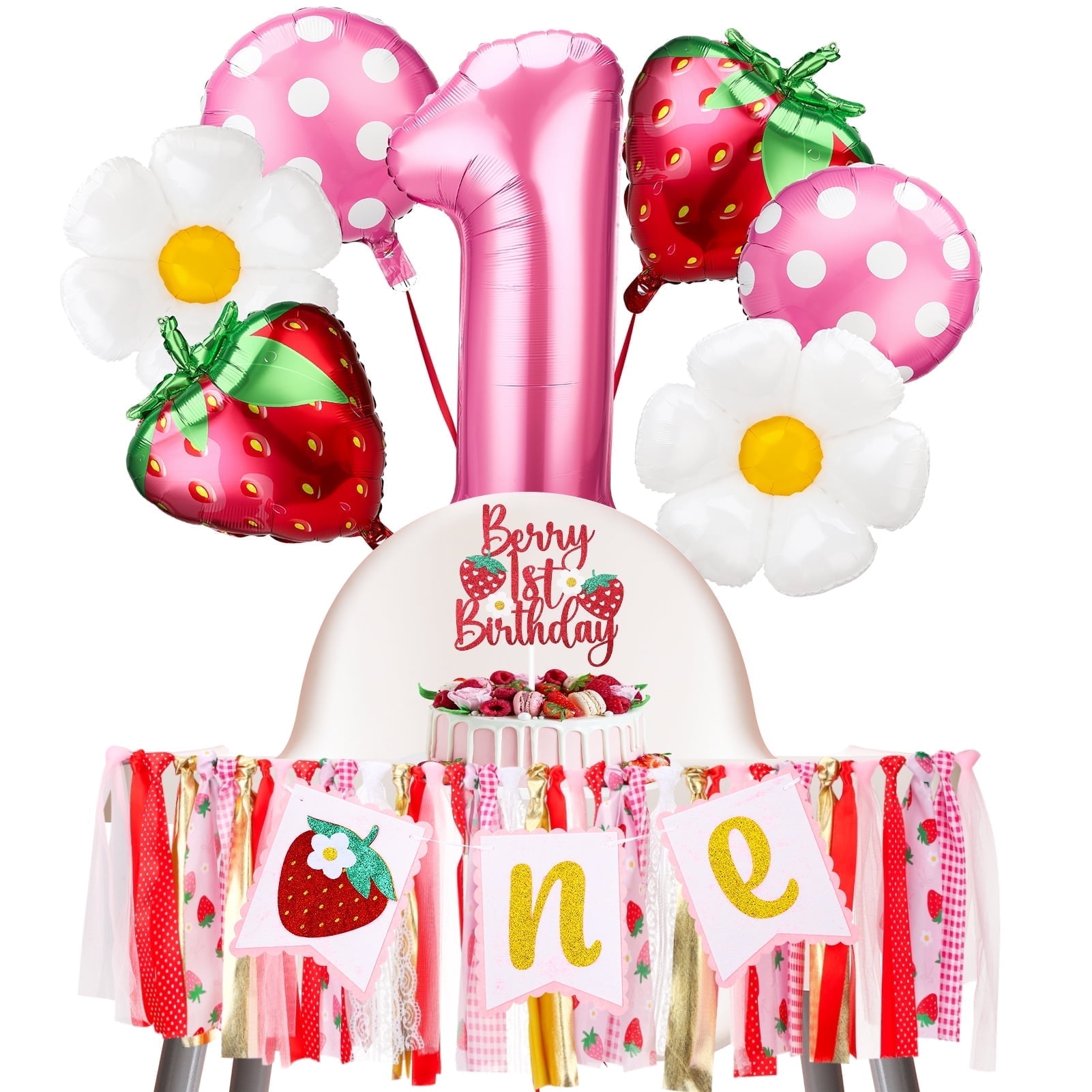 sixwipe 11Pcs Strawberry 1st Birthday Decorations for Girls with Safe ...