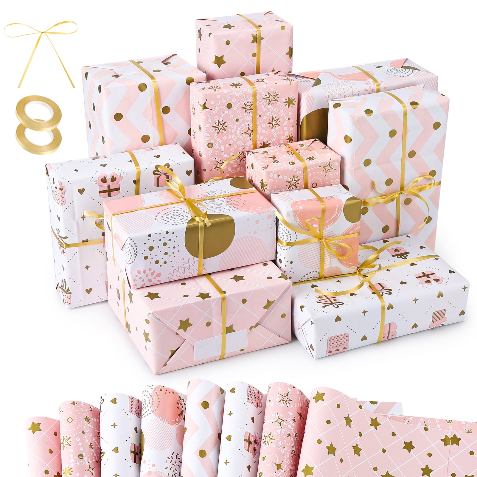 sixwipe 8 Sheets Pink Birthday Wrapping Paper, Wave Heart Star Gift ...